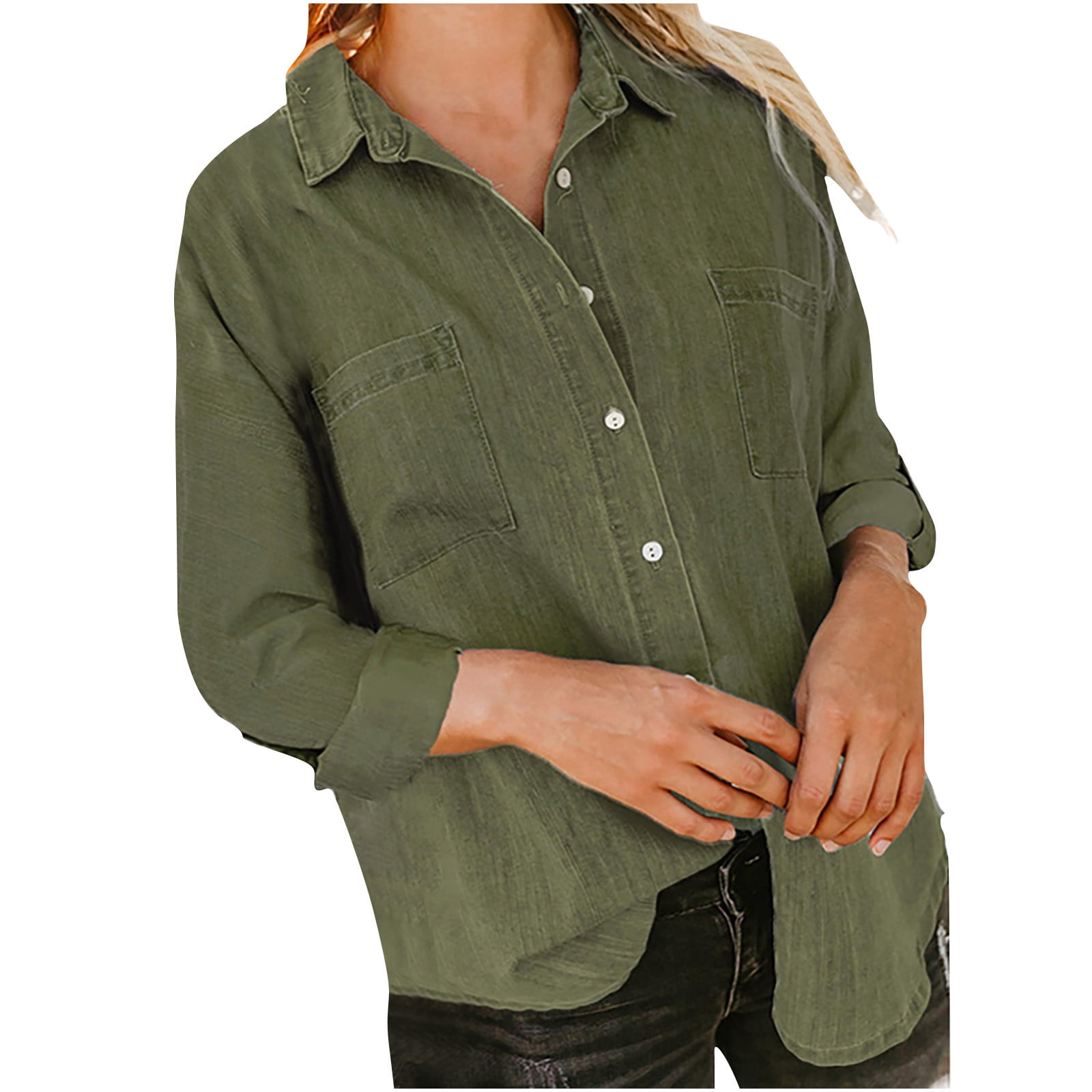 APEXFWDT Women's Button Down Denim Shirt Plus Size Casual Collared Long Sleeve Tops Imitation ...