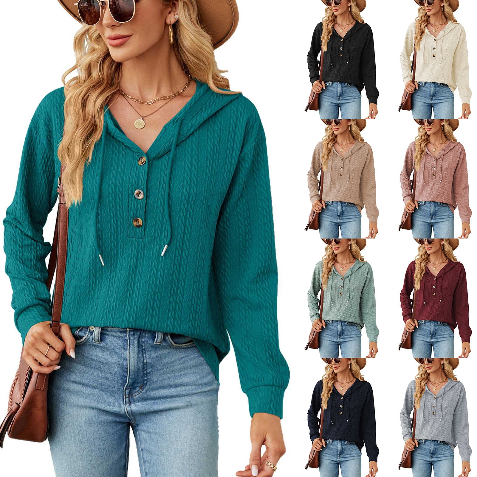 APEXFWDT Women's Button Up Hoodies for Women Long Sleeve Hooded Thin ...