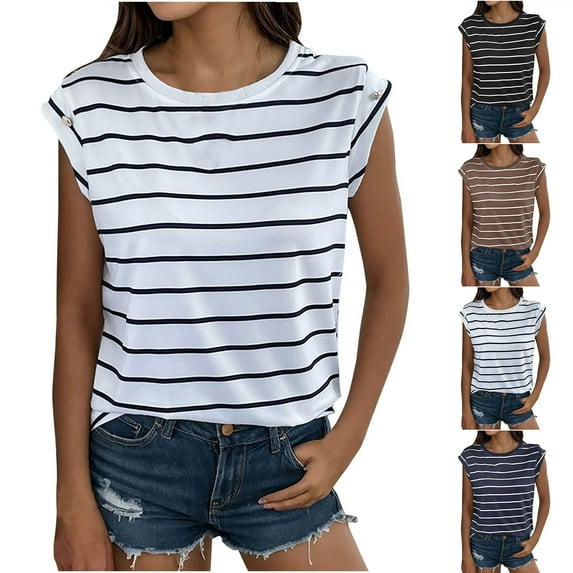 APEXFWDT Women's Casual Cap Sleeve T Shirts Striped Print Basic Summer ...