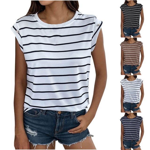 APEXFWDT Women's Casual Cap Sleeve T Shirts Striped Print Basic Summer ...