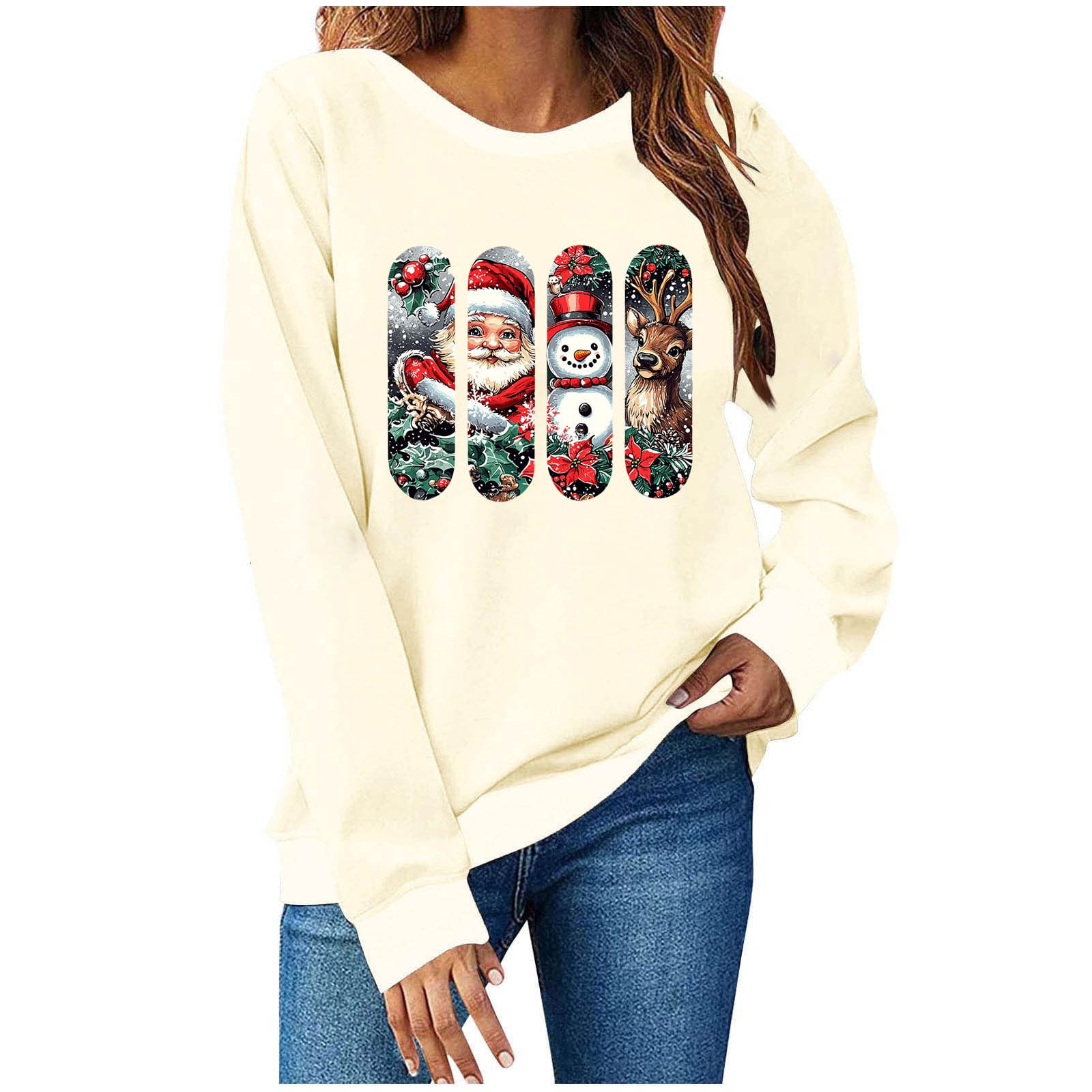 APEXFWDT Women's Christmas Sweatshirt Santa Reindeer Print Crew Neck ...