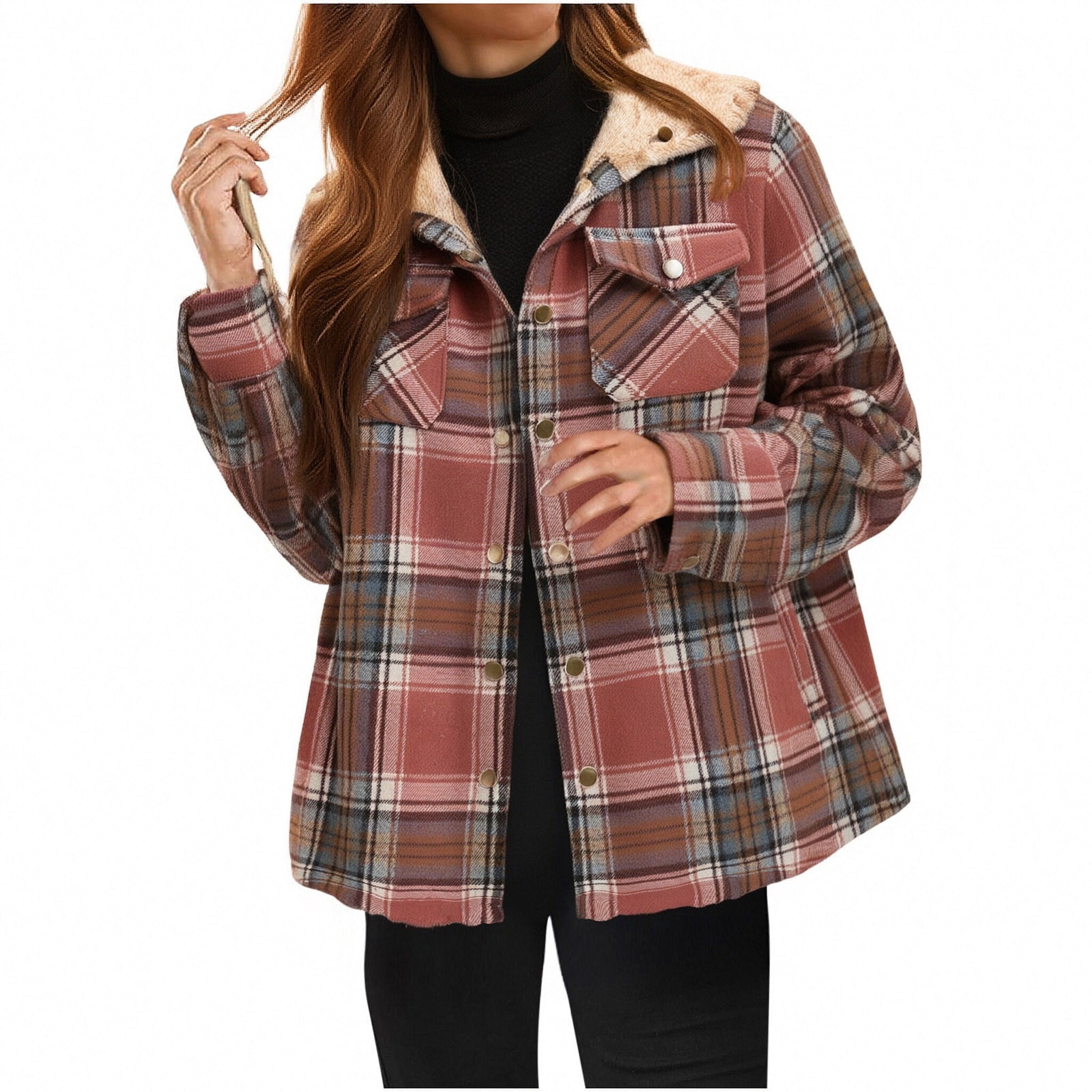 APEXFWDT Women's Classic Fleece-Lined Plaid Jacket Button-Down Long ...