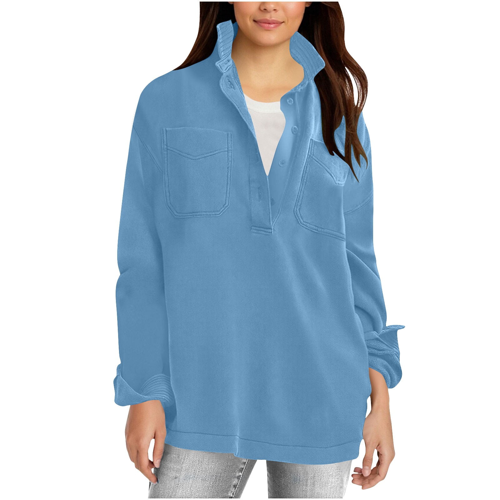 APEXFWDT Women's Collared Button Sweatshirt Long Sleeve V-Neck Pullover ...