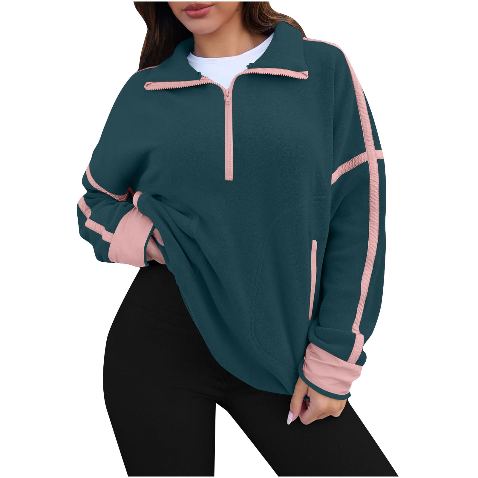 APEXFWDT Women's Color Block Half-Zip Hoodie Stand Collar Loose Track Sweatshirt Athletic ...