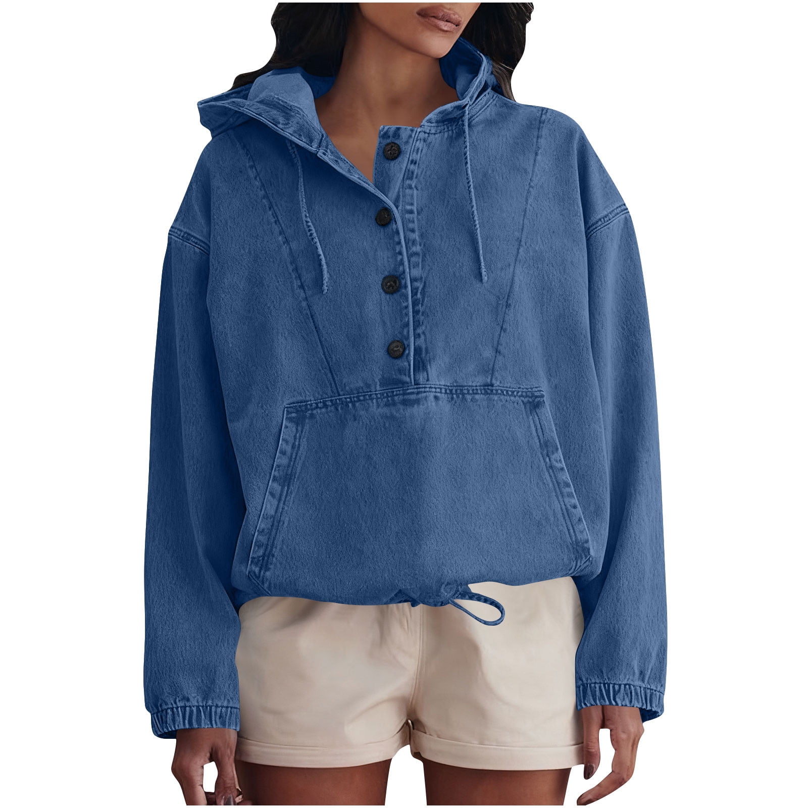 APEXFWDT Women's Denim Hooded Shirt Long Sleeve Button Front Pullover ...