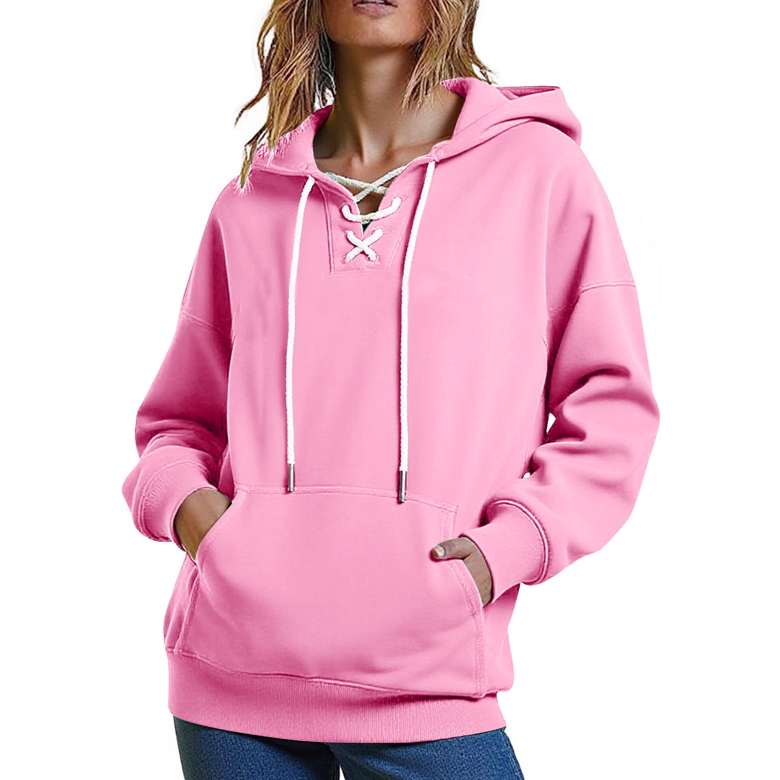APEXFWDT Women's Drawstring Collar Hoodie Light Fleece Long Sleeve ...