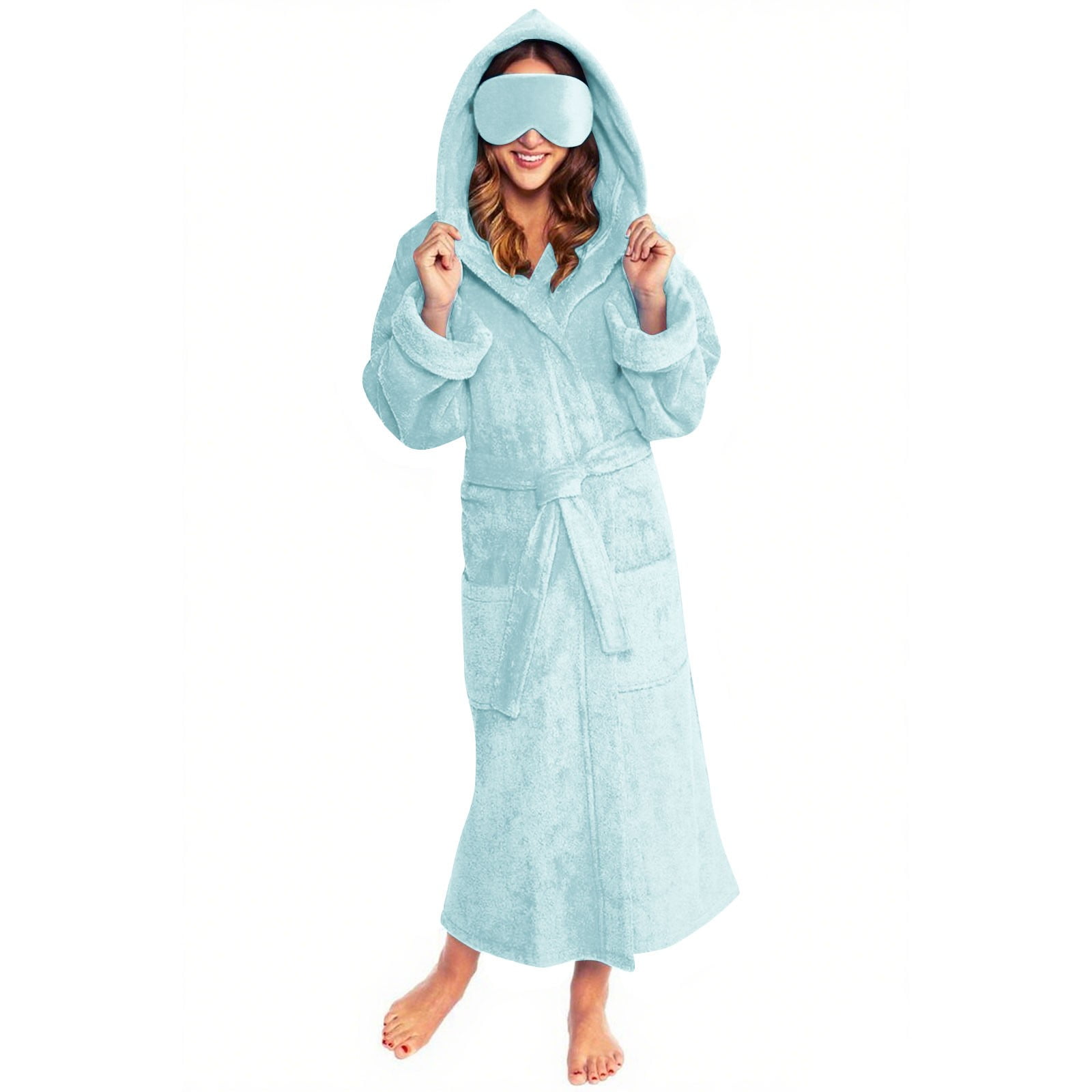 APEXFWDT Women's Flannel Long Bathrobe Hooded Loungewear Robe with Eye ...