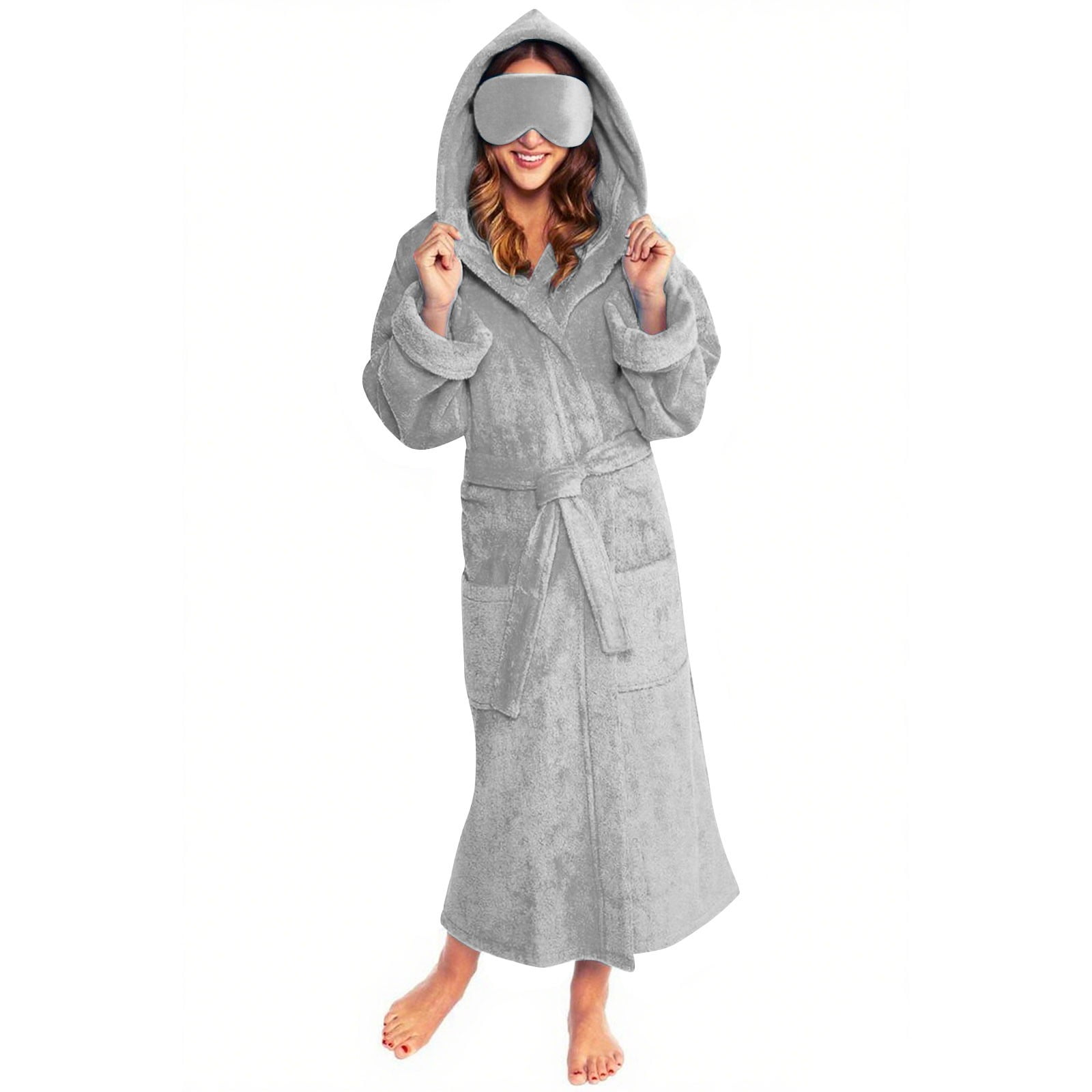 APEXFWDT Women's Flannel Long Bathrobe Hooded Loungewear Robe with Eye ...