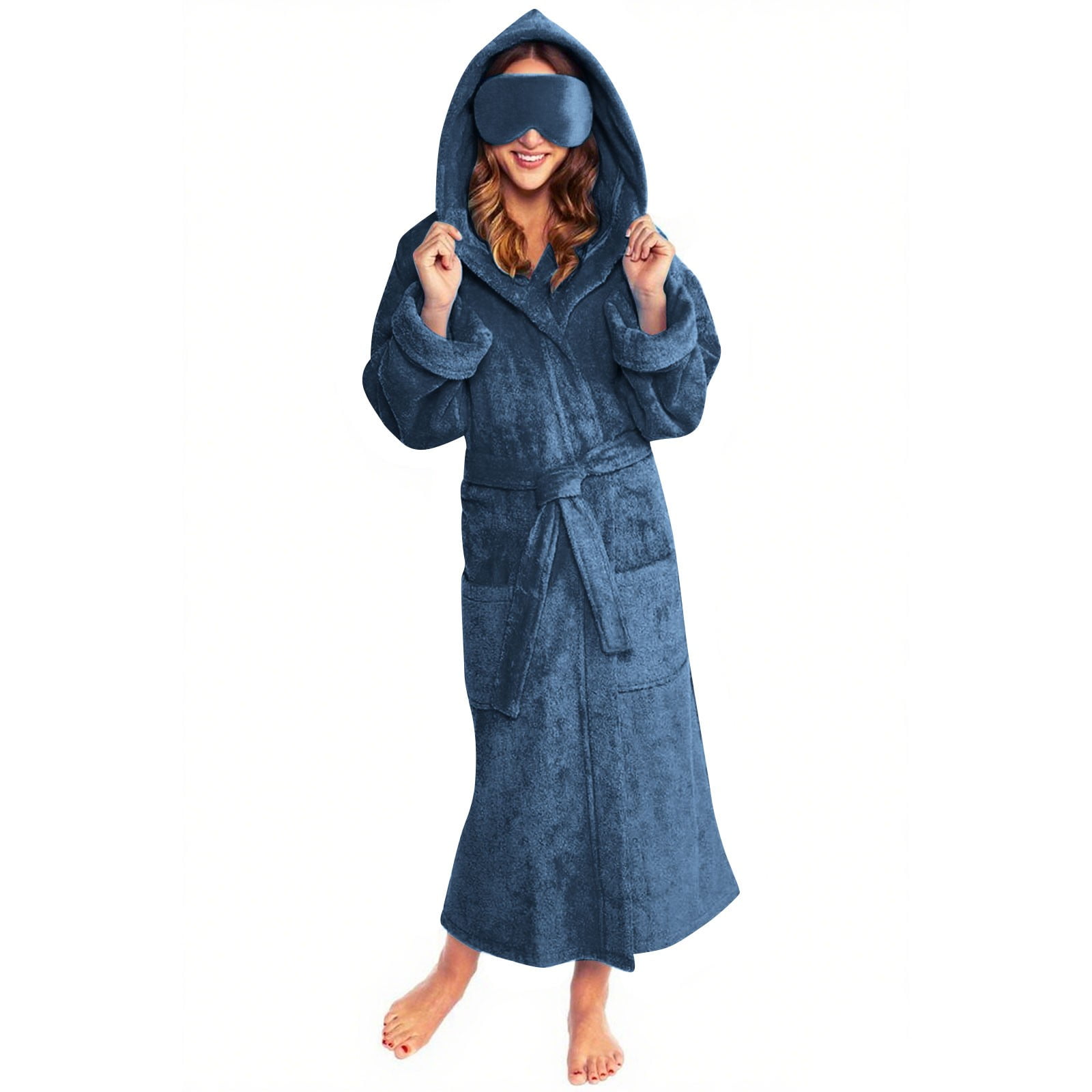 APEXFWDT Women's Flannel Long Bathrobe Hooded Loungewear Robe with Eye ...