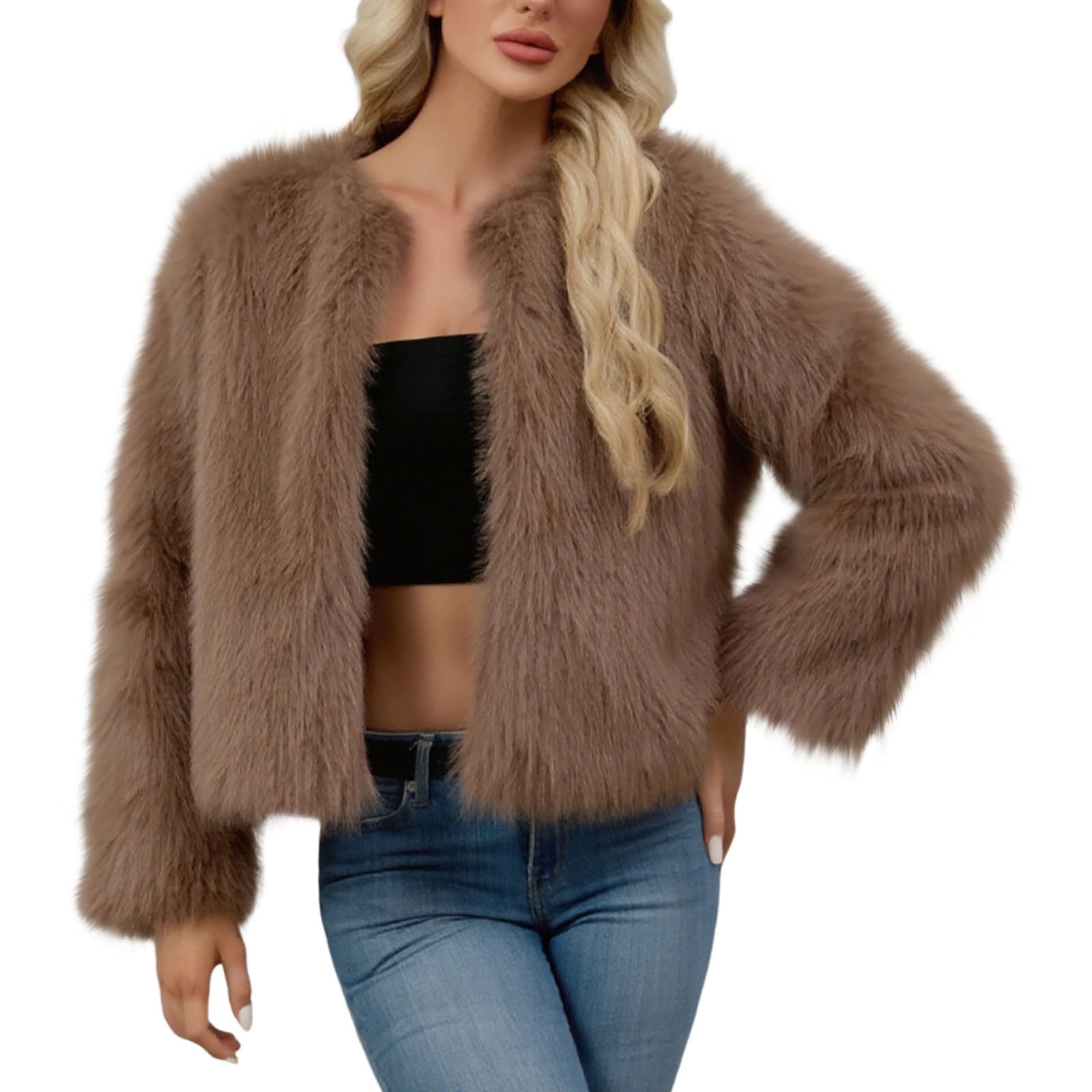 APEXFWDT Women's Furry Short Coat - Crew Neck Warm Cardigan Jacket ...