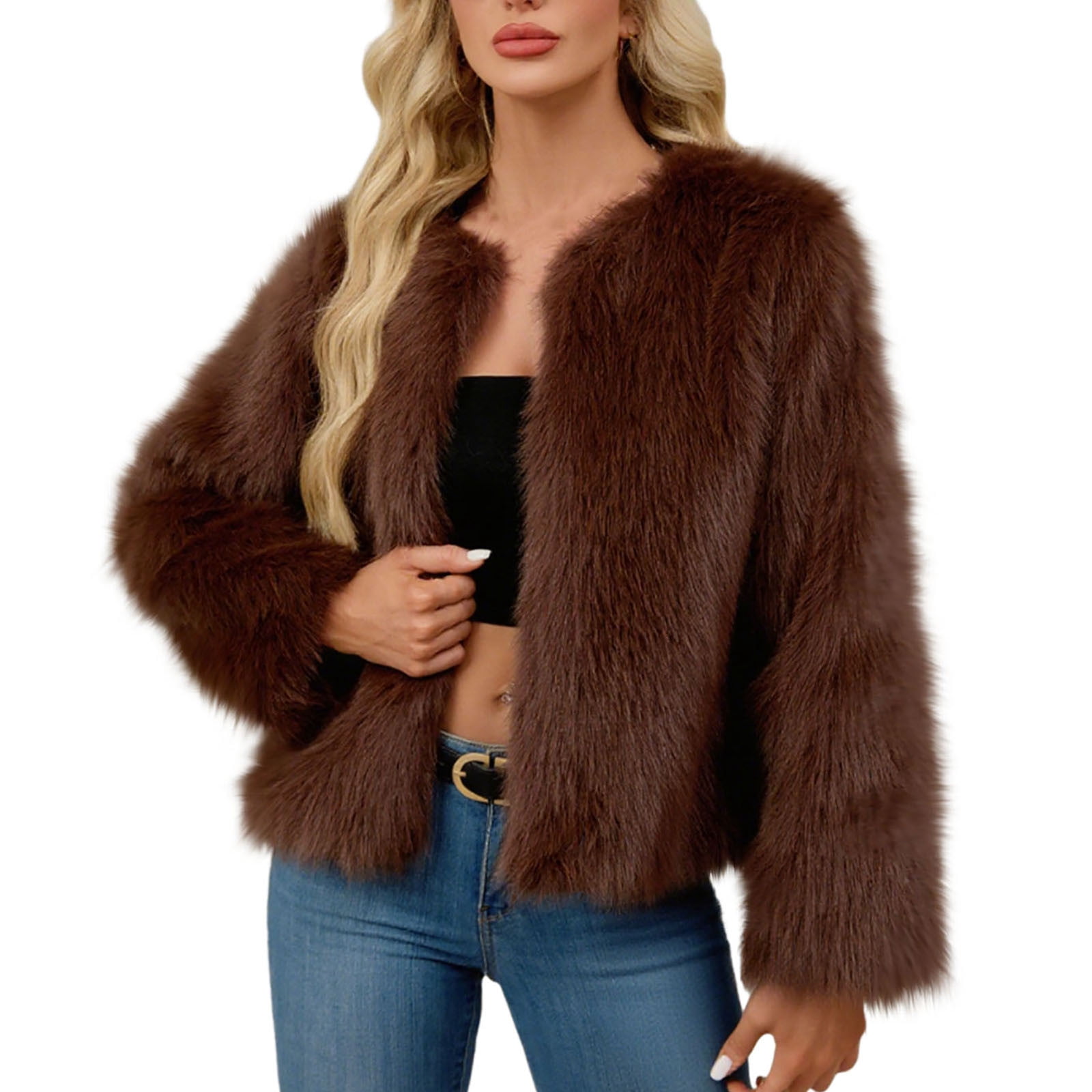 APEXFWDT Women's Furry Short Coat - Crew Neck Warm Cardigan Jacket ...