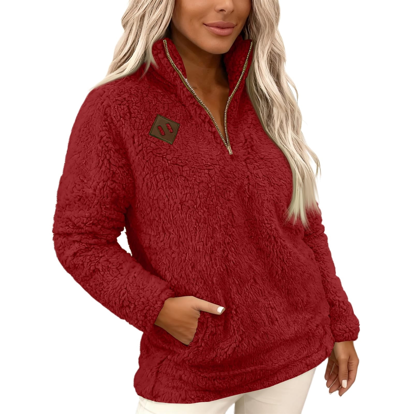 APEXFWDT Women's Fuzzy Fleece Quarter-Zip Sweatshirt Stand Collar ...