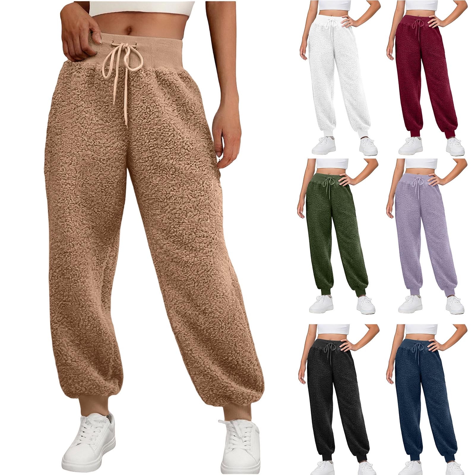 APEXFWDT Women's Fuzzy Loungewear Pants High-Waisted Drawstring Pajama ...