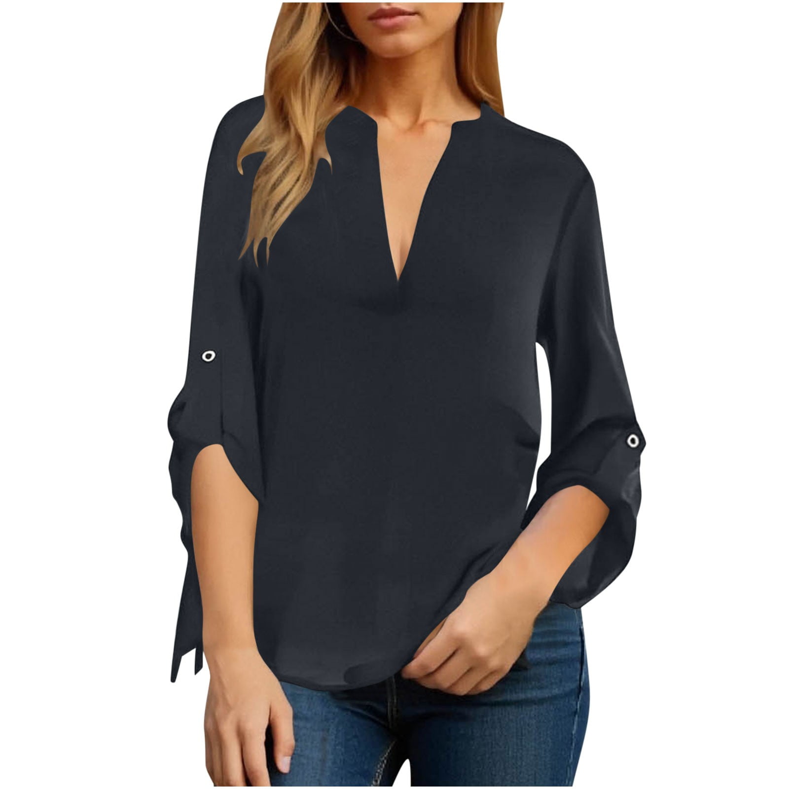 APEXFWDT Women's High-Low Hem Work Blouse V-Neck Long Sleeve Top Roll ...