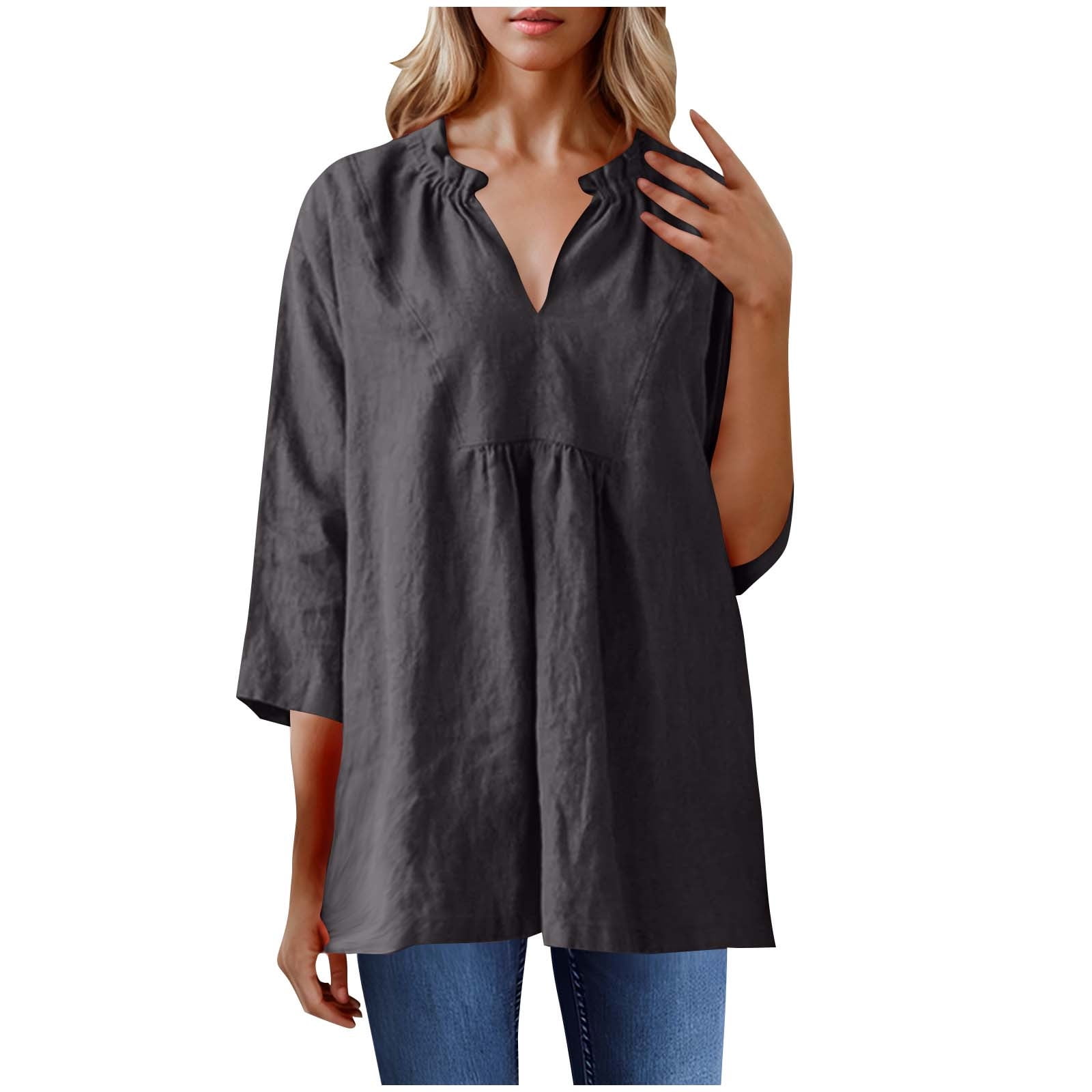 APEXFWDT Women's Linen Blend Tunic Top with Ruffle Trim - Flowy 3/4 ...
