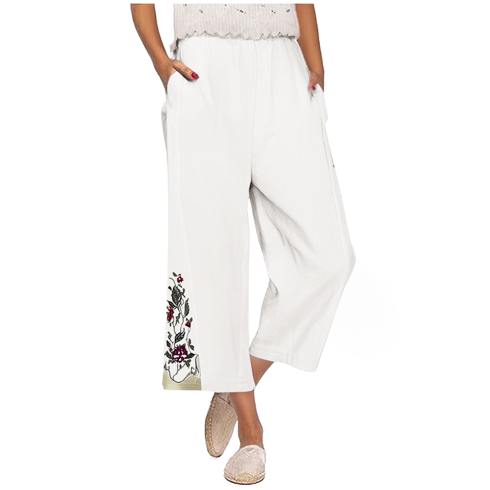 APEXFWDT Women’s Linen Capri Shorts - Breathable Embroidery Summer Wide ...