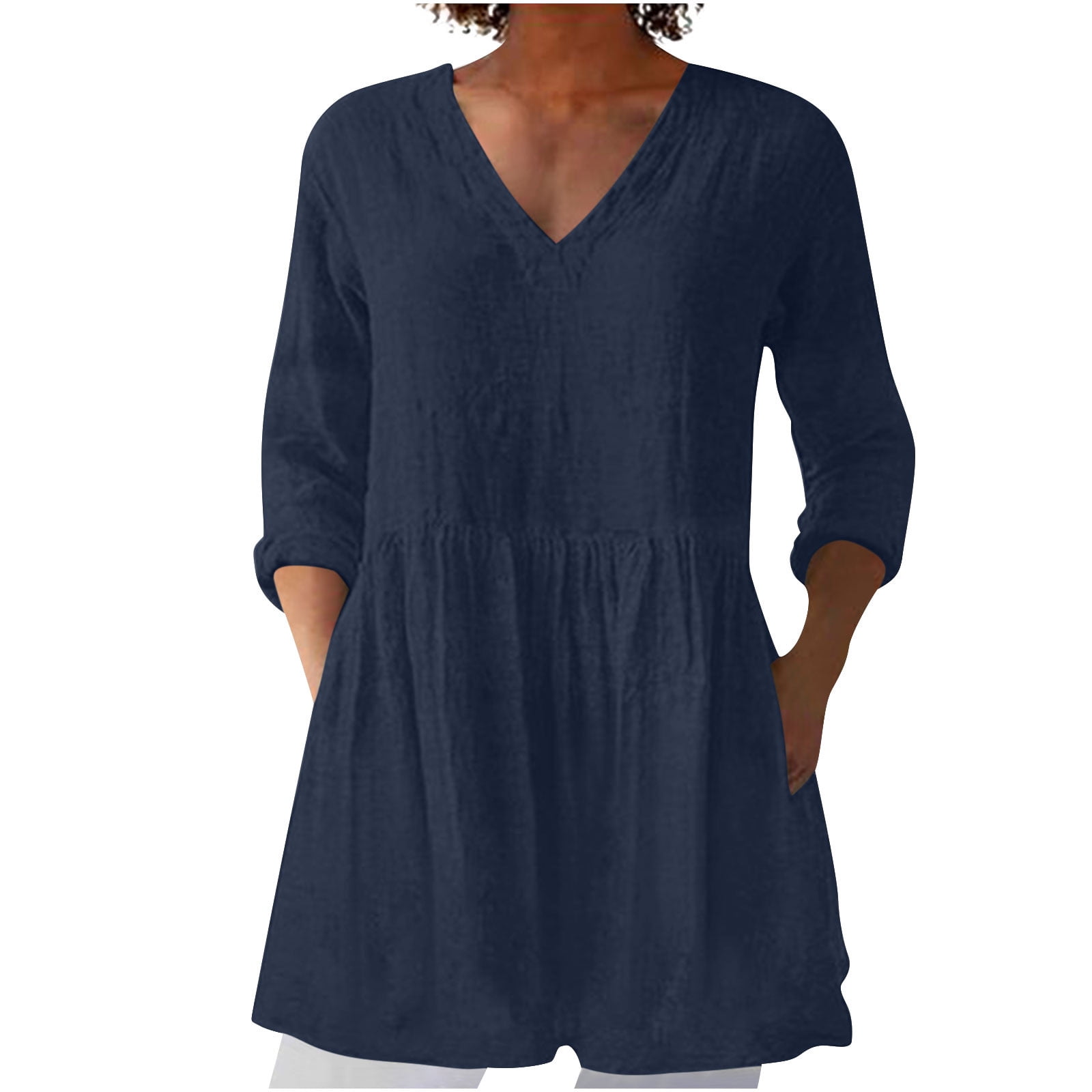 APEXFWDT Women's Linen-Cotton Tunic Top Plus Size Roll-Up 3/4 Sleeve V ...