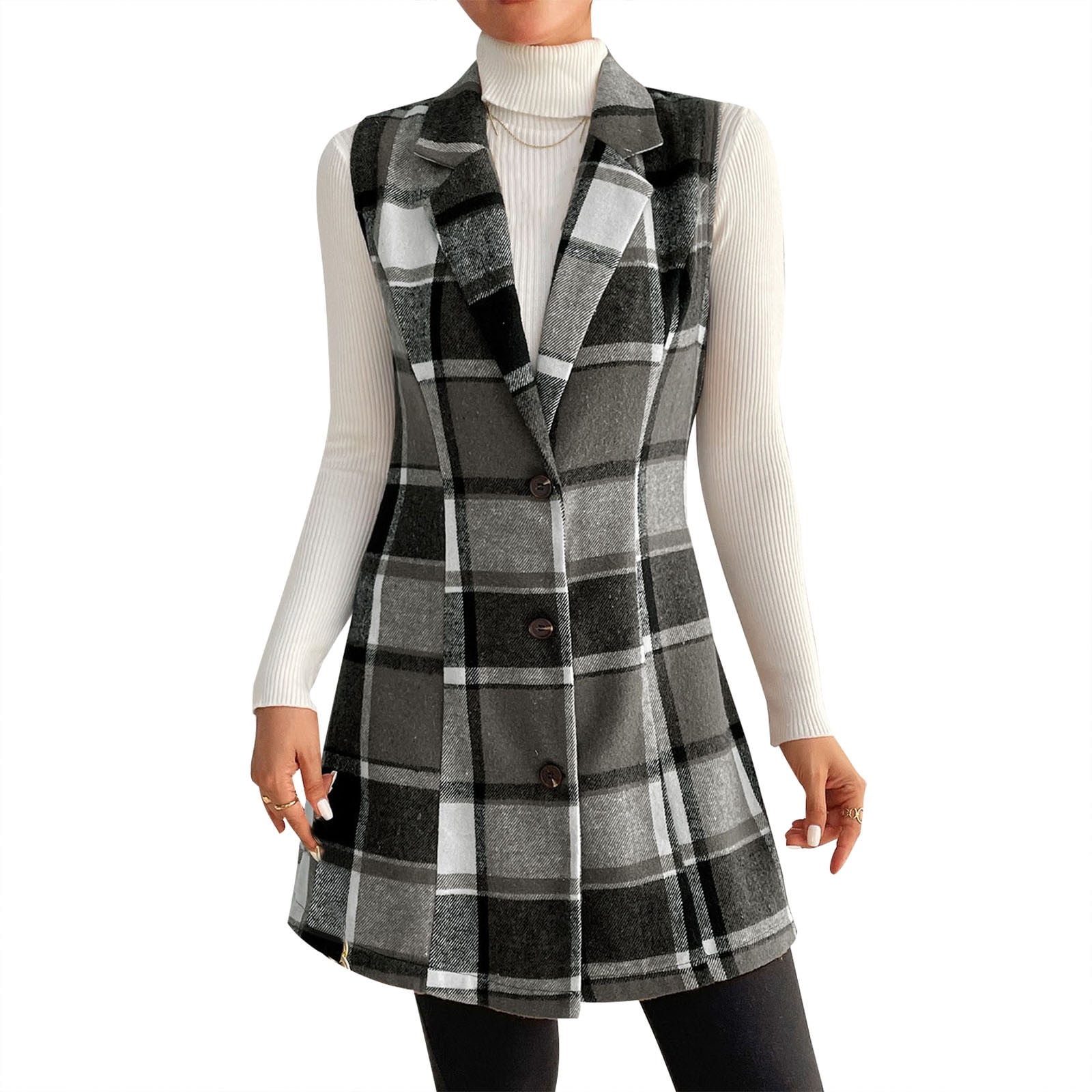 APEXFWDT Women's Long Plaid Vest Coat Casual Lapel Button Front ...