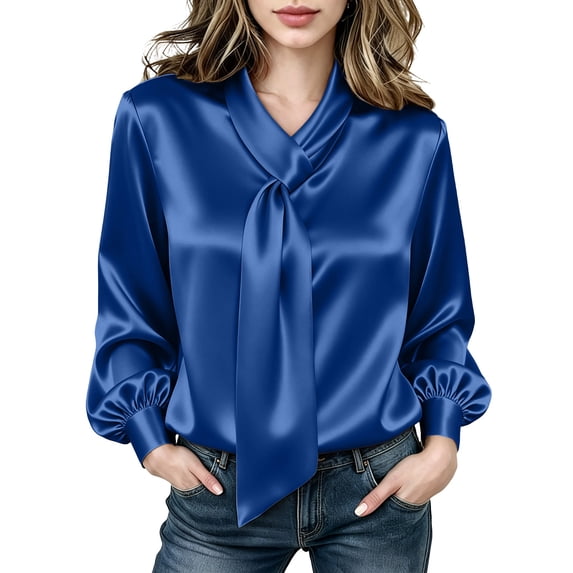 APEXFWDT Women's Long Sleeve Satin Dress Shirt Elegant Bow Tie Blouse ...