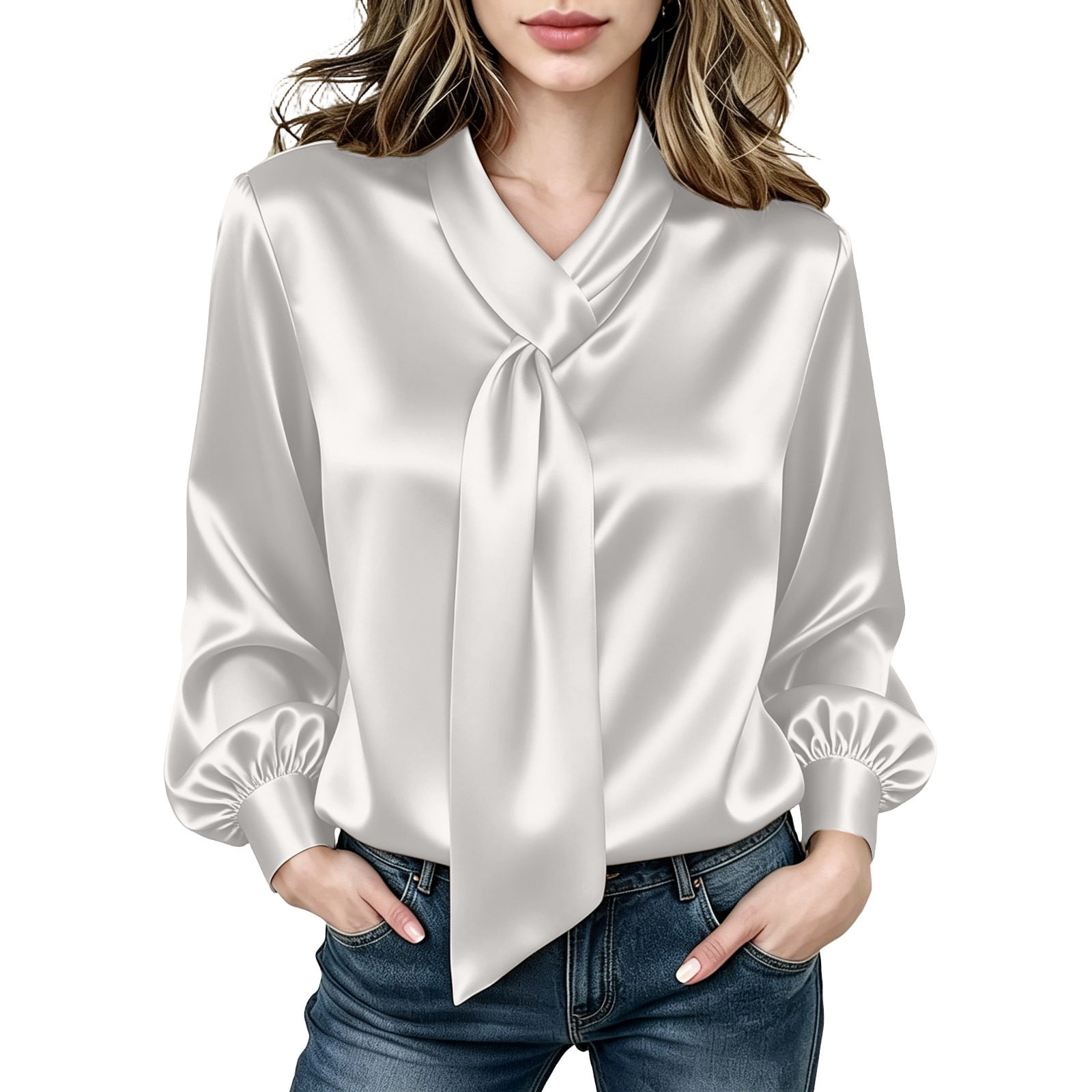APEXFWDT Women's Long Sleeve Satin Dress Shirt Elegant Bow Tie Blouse ...