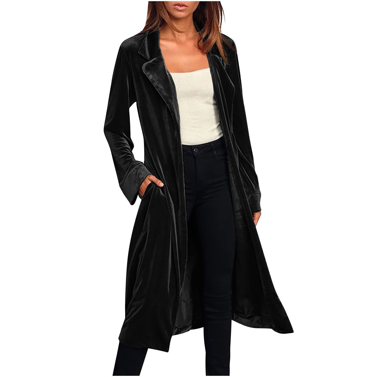 APEXFWDT Women's Long Velvet Cardigan Jacket Lapel Collar Open Front ...