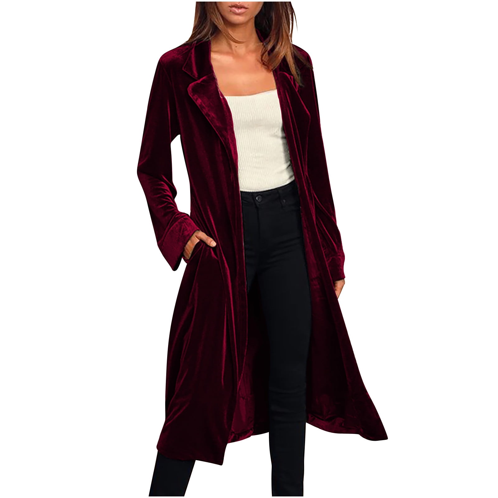 APEXFWDT Women's Long Velvet Cardigan Jacket Lapel Collar Open Front ...