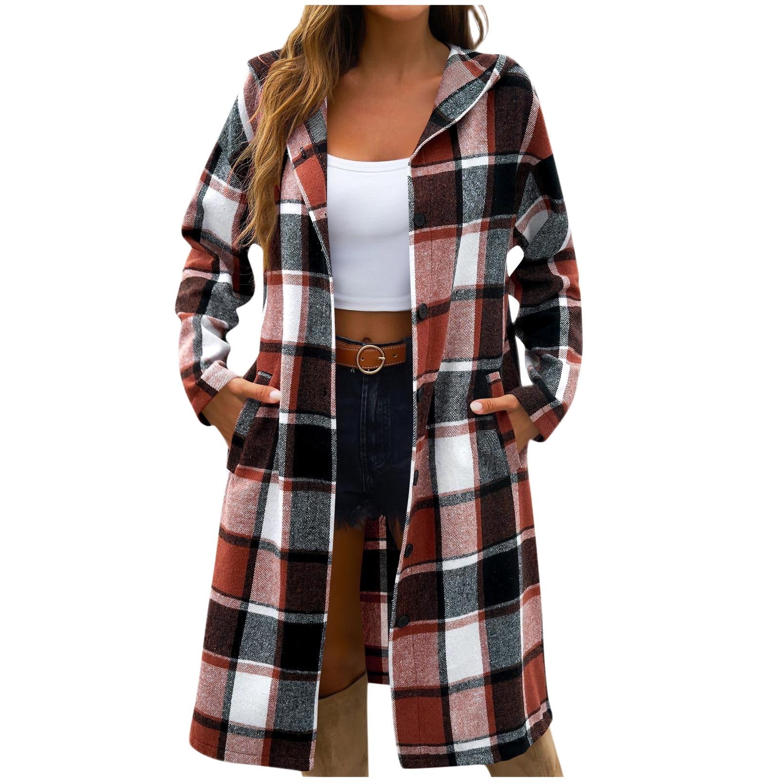 APEXFWDT Women's Longline Plaid Jacket Button-Down Lightweight Hooded ...