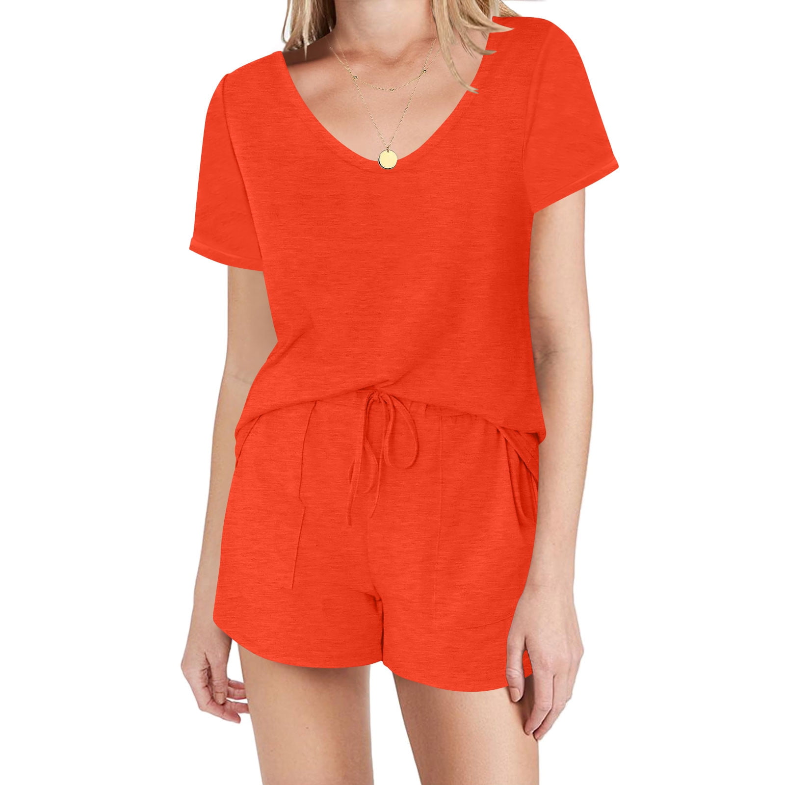 POIUYTR Women's Pajamas Set Short Sleeves Sleepwear V Neck Comfy 2 ...