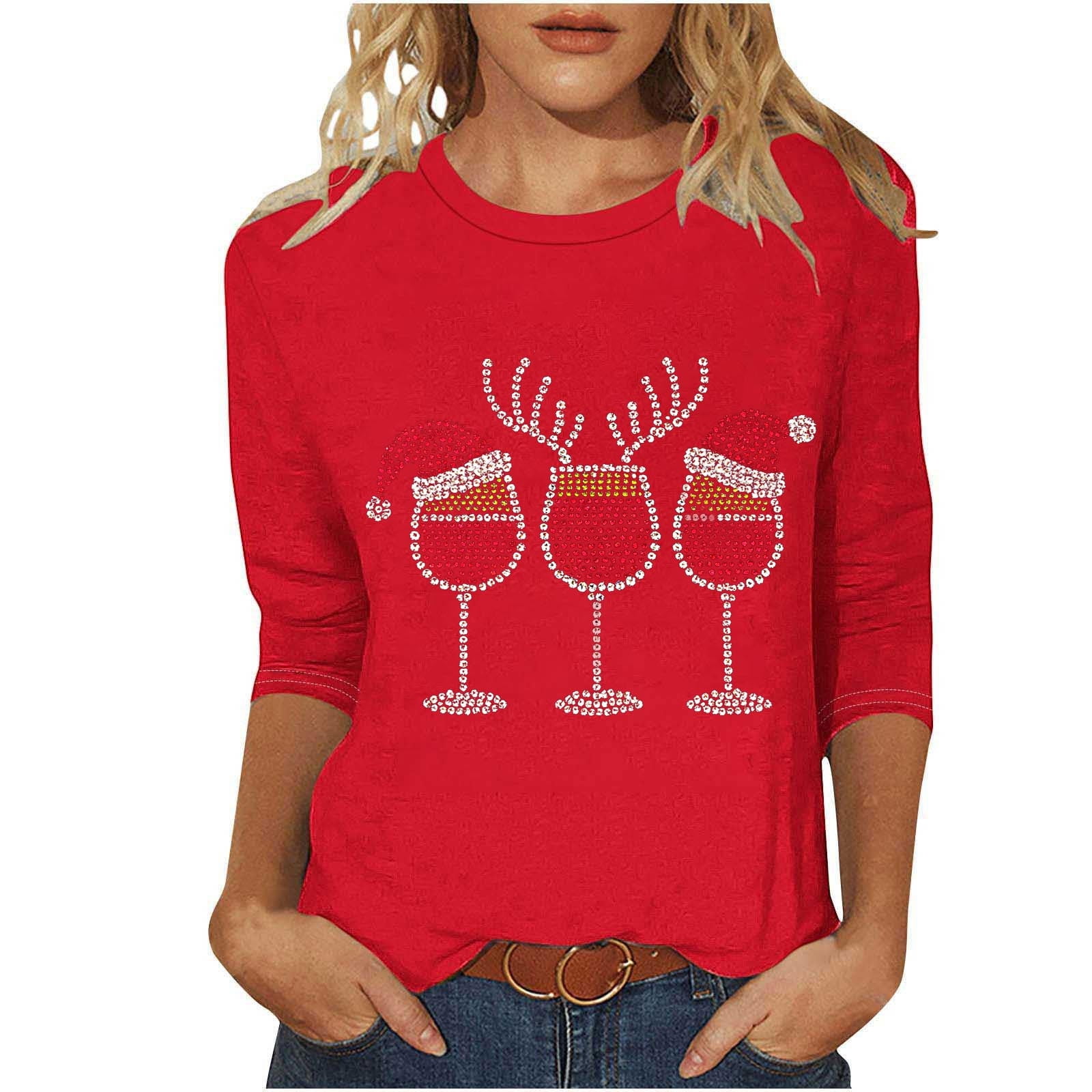 APEXFWDT Women's Plus Size Christmas T-Shirt 3/4 Sleeve Wine Glass Xmas ...
