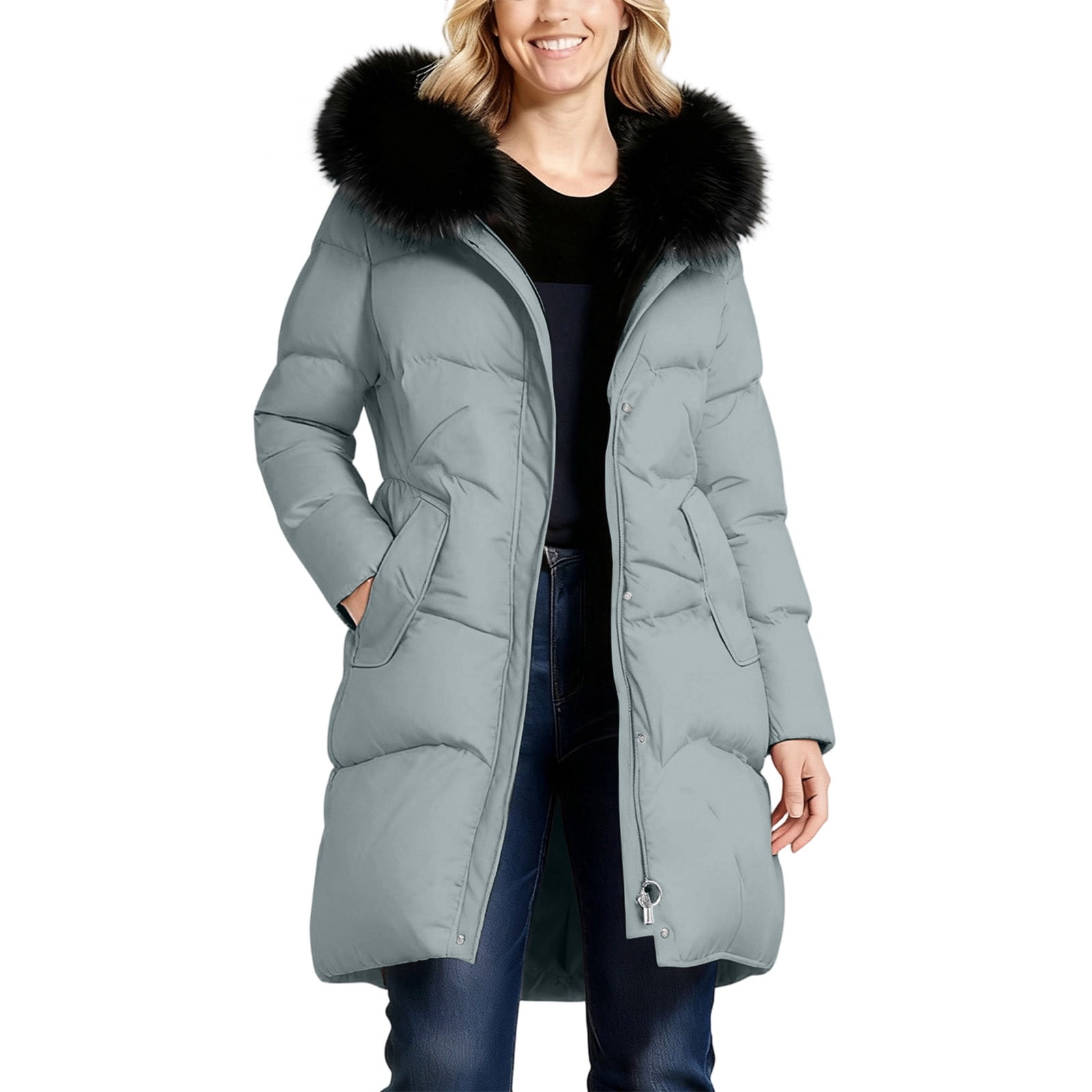 APEXFWDT Women's Plus Size Furry Collar Parka Coat Mid-length Puffer ...