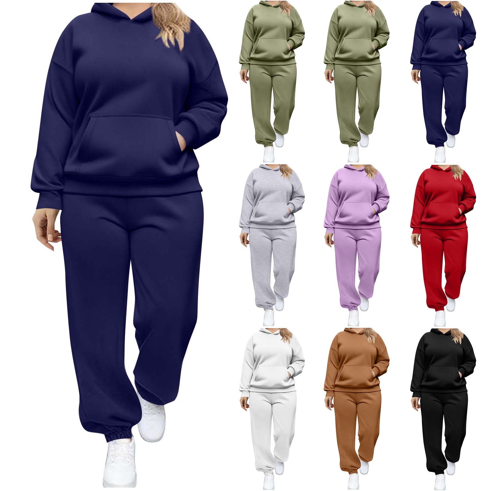 APEXFWDT Women's Plus Size Sweatsuit 2-Piece Fleece Hoodie Set Hooded ...
