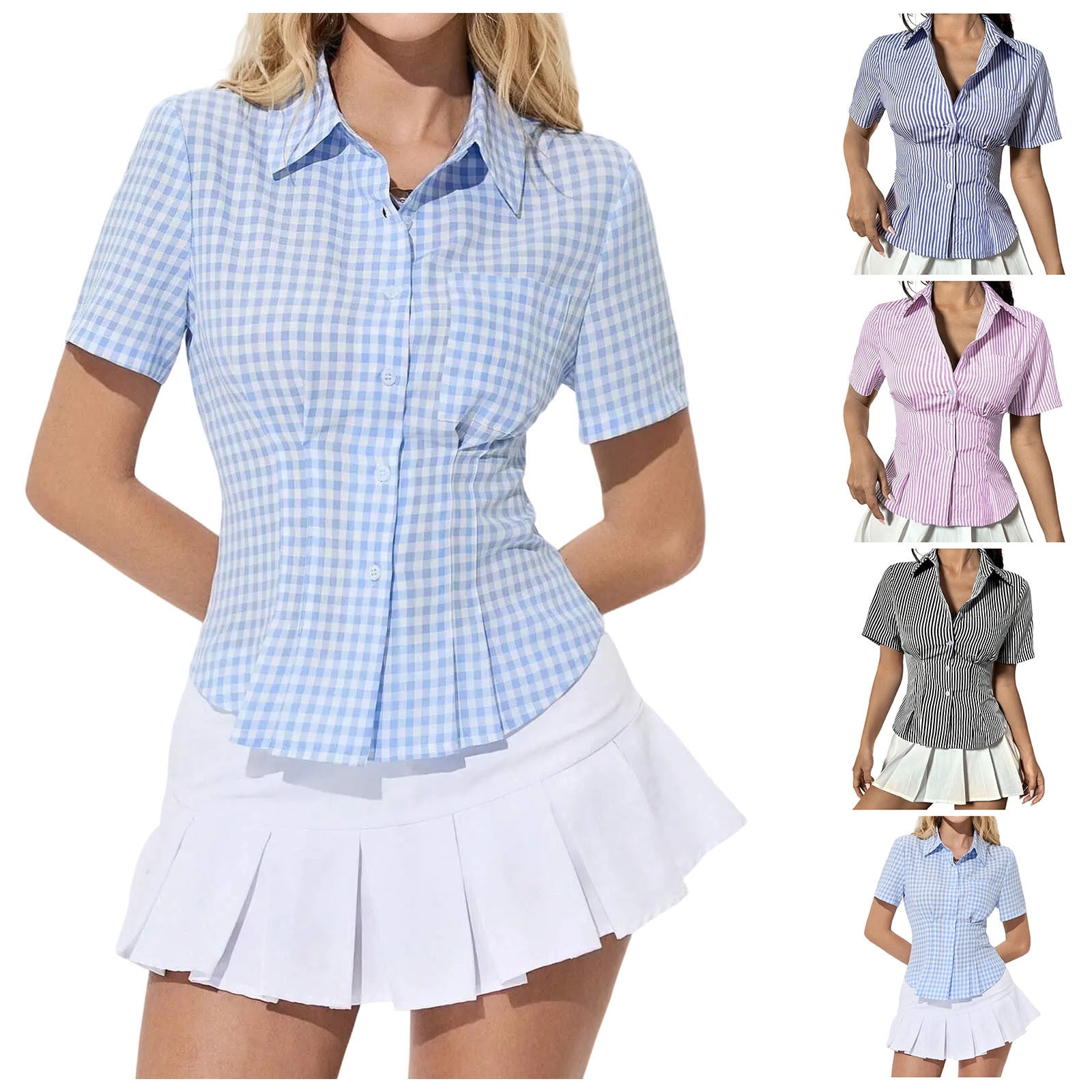 APEXFWDT Women's Prep School Button Down Shirt - Striped Waist Tie ...