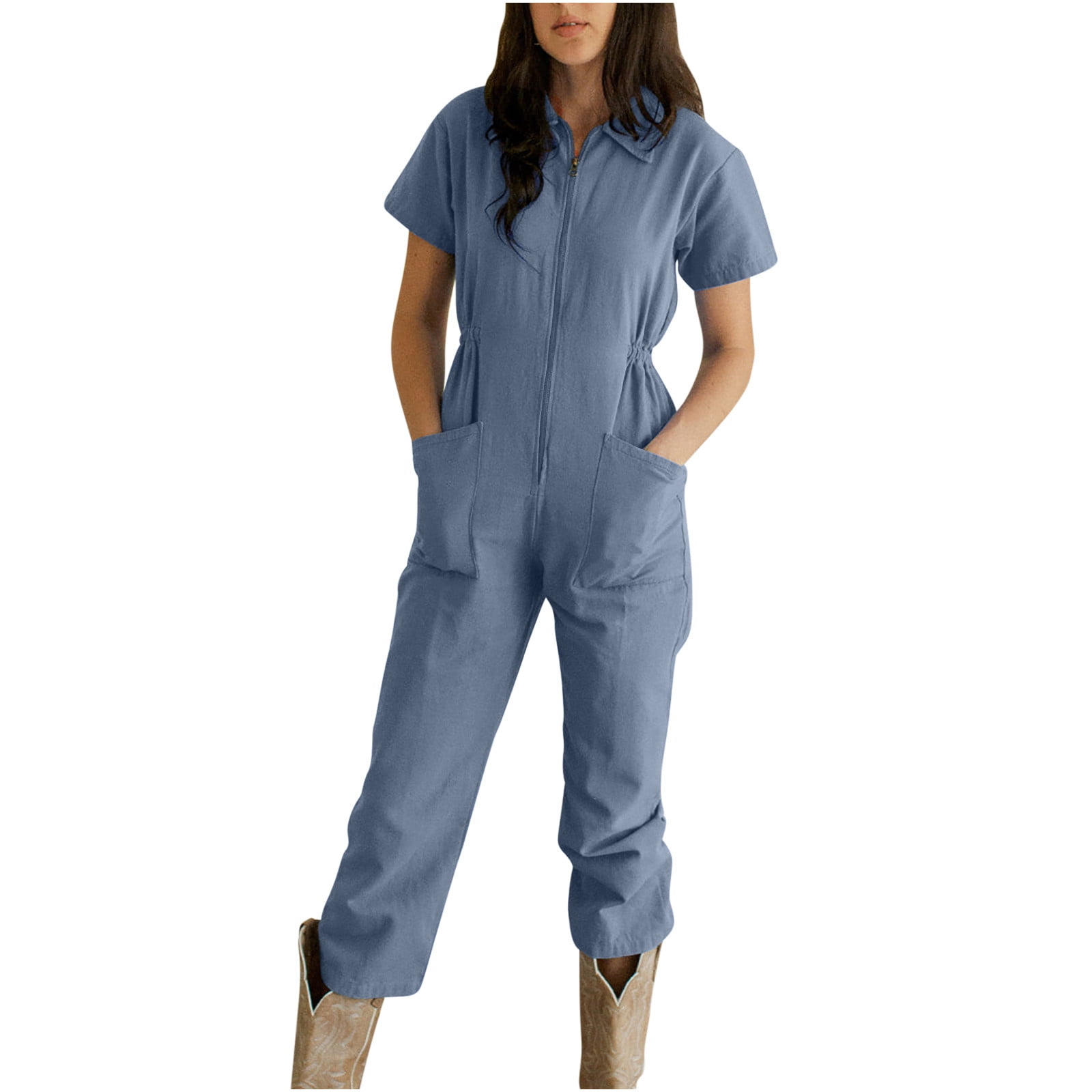 APEXFWDT Women's Short Sleeve Collared Coverall Zipper Front Elastic ...