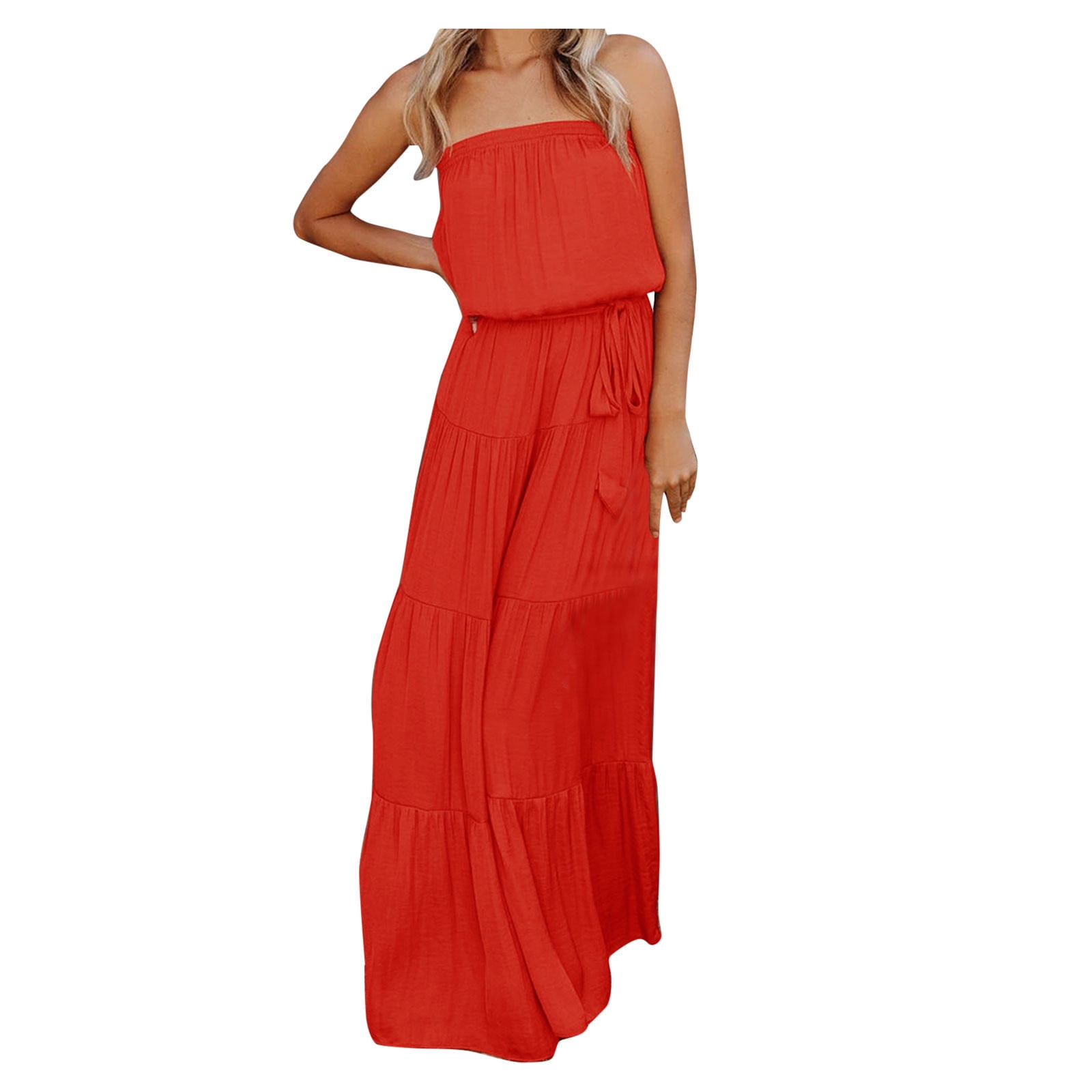 APEXFWDT Women’s Strapless Bandeau Summer Long Dress Off Shoulder Beach ...