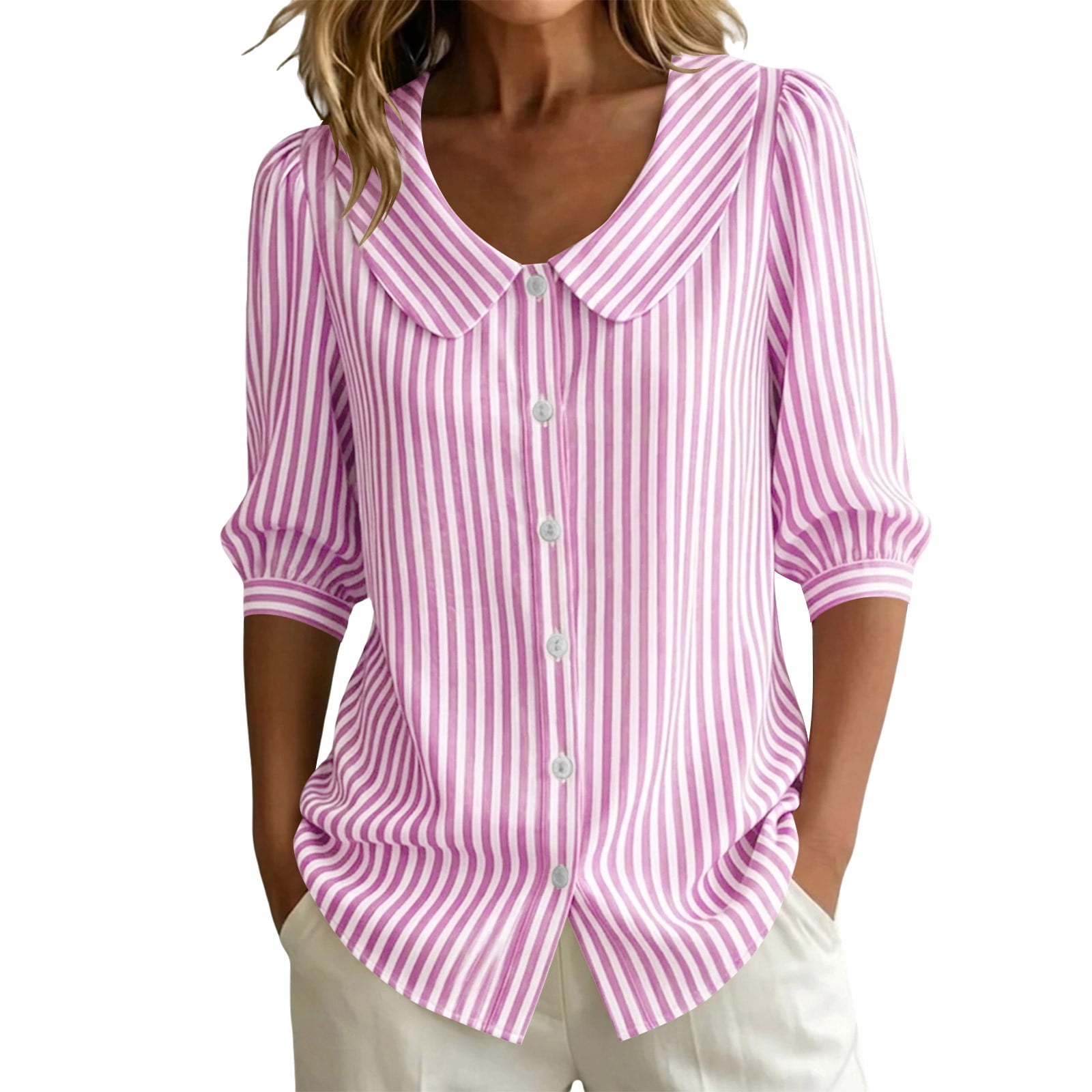 APEXFWDT Women's Striped Cotton Linen Shirt Retro Peter Pan Collar 3/4 ...