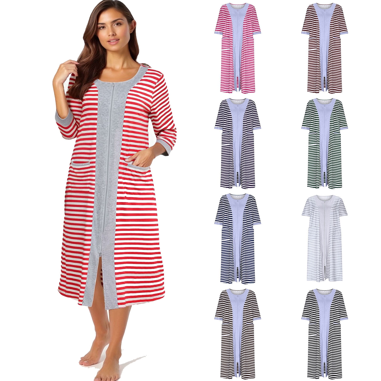 APEXFWDT Women's Striped Zip-Up House Dress - Casual 3/4 Sleeve Lounge ...