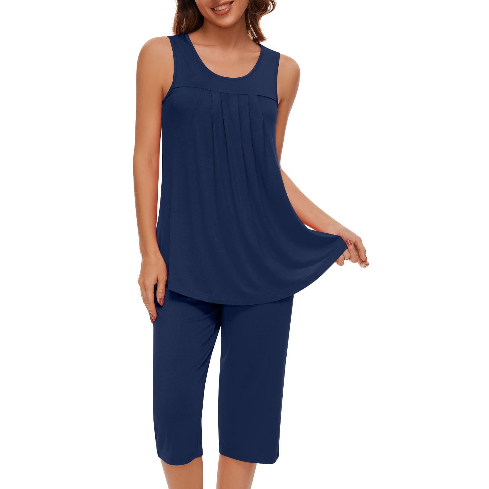 APEXFWDT Women's Tank Capri Pajama Sets 2 Piece Soft Cute Pjs Round ...