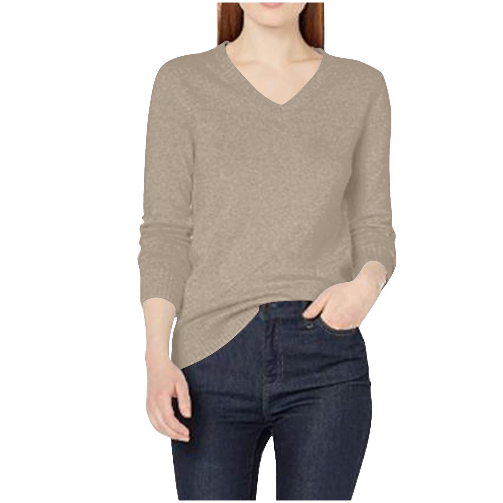 APEXFWDT Women’s V-Neck Knit Sweater Long Sleeve Solid Color Pullover ...
