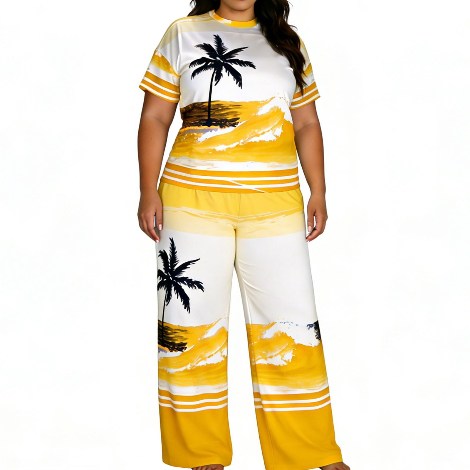 APEXFWDT Women's Vacation Beach 2 Piece Outfits Short Sleeve Shirt Wide ...