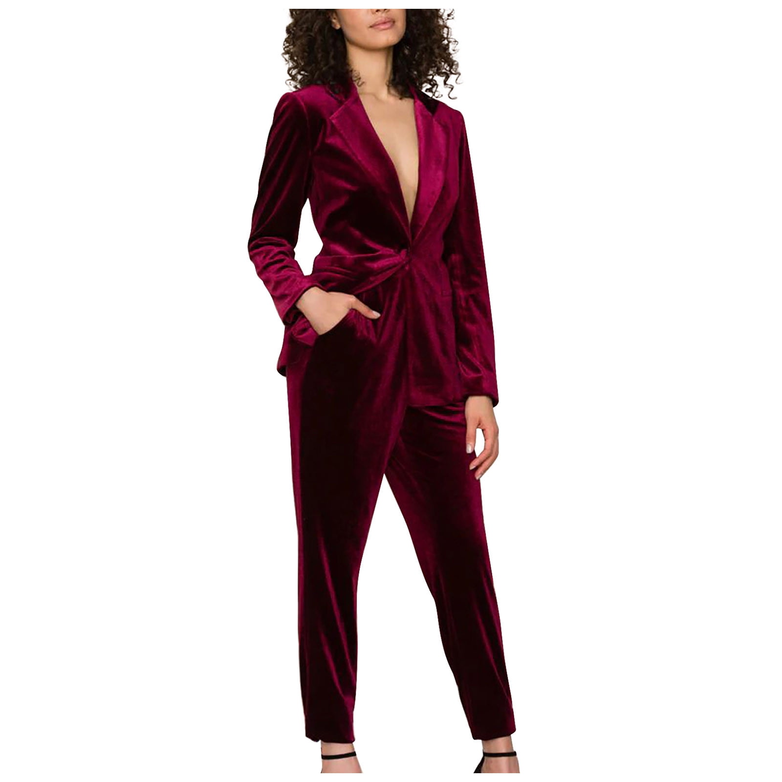 APEXFWDT Women's Velour Blazer Pant Suit Set Velvet Long Sleeves Suits ...