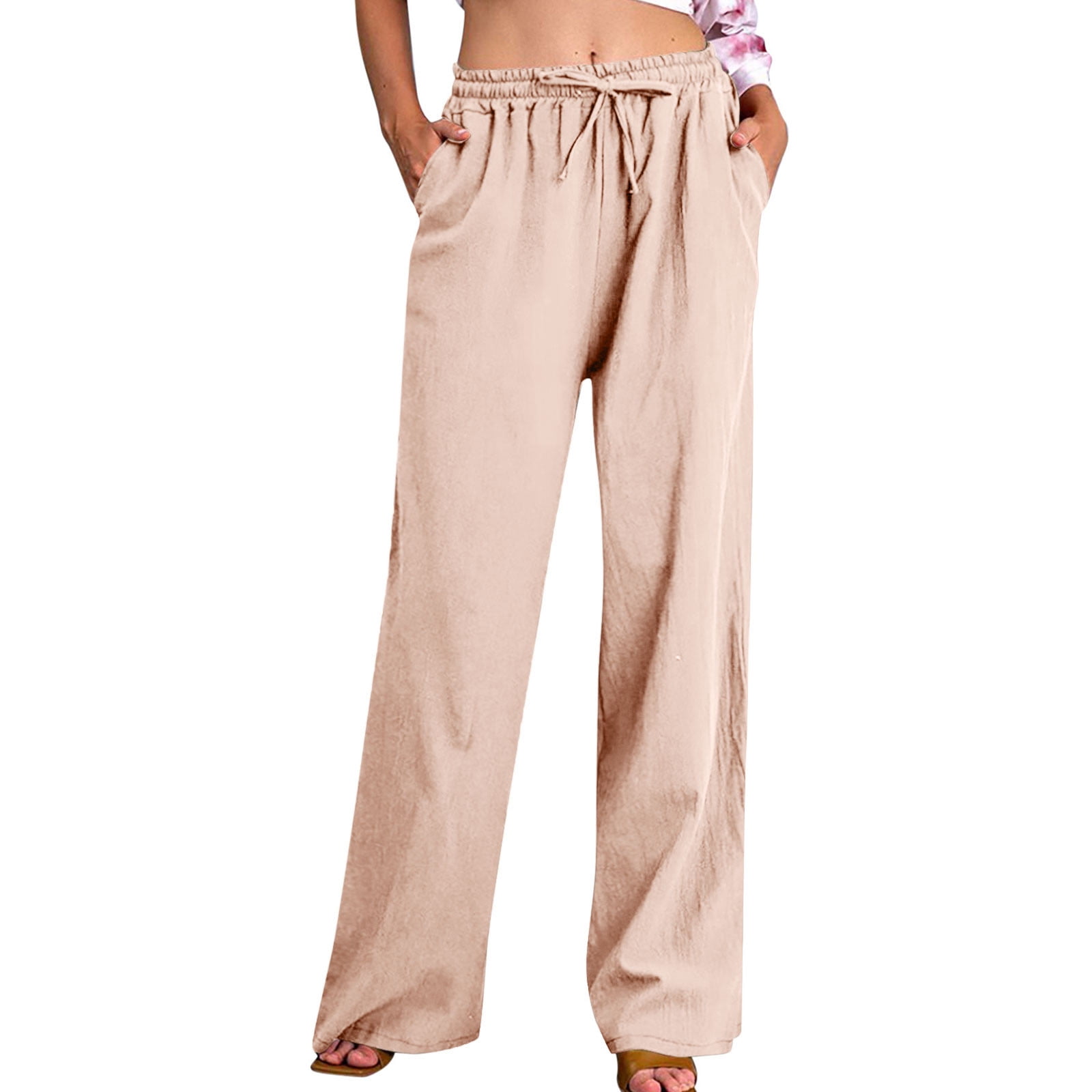 APEXFWDT Women's Wide Leg Linen Trousers - Drawstring Waist Lounge ...