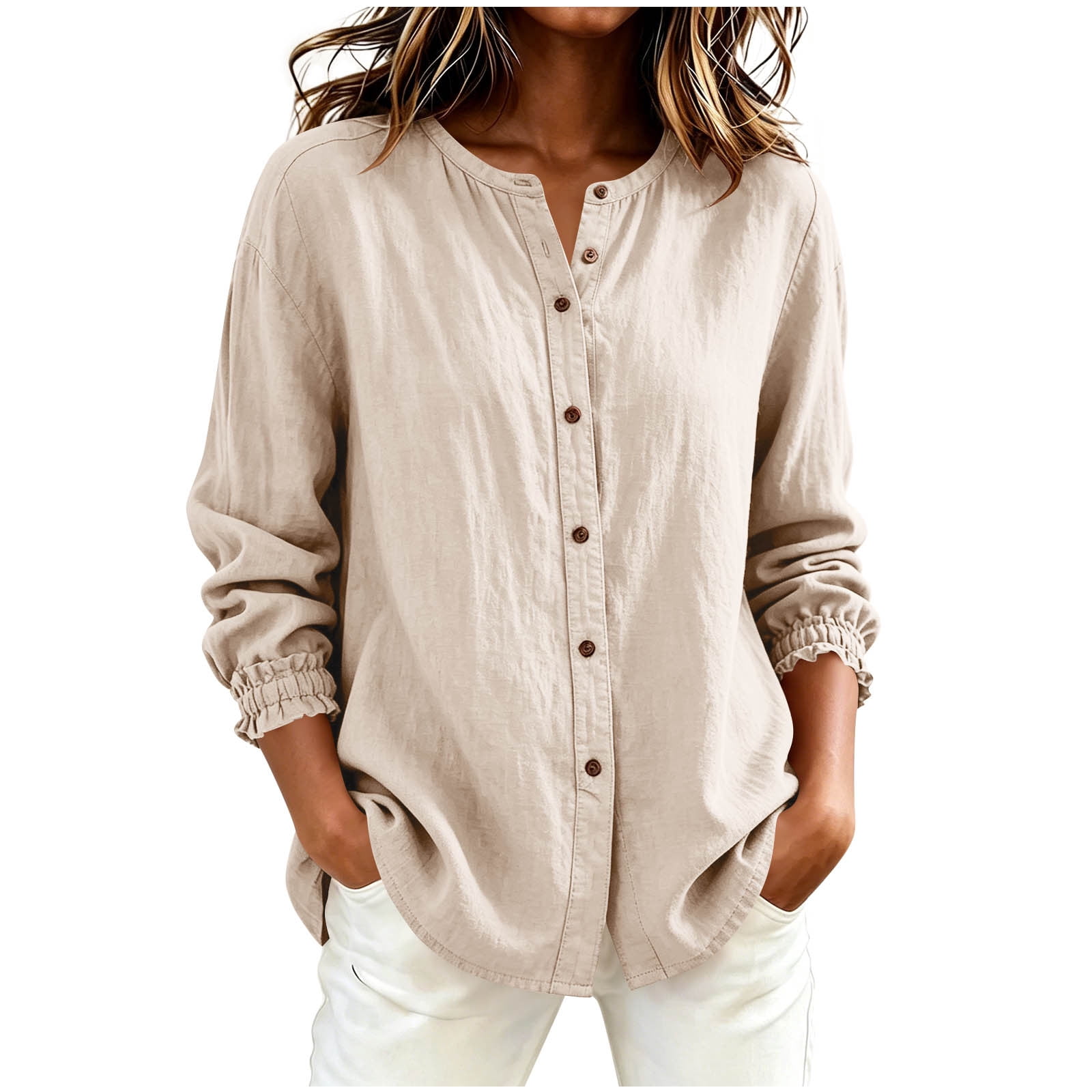 APEXFWDT Womens Casual Button Down Shirts Vintage Linen Shirt 3/4 ...