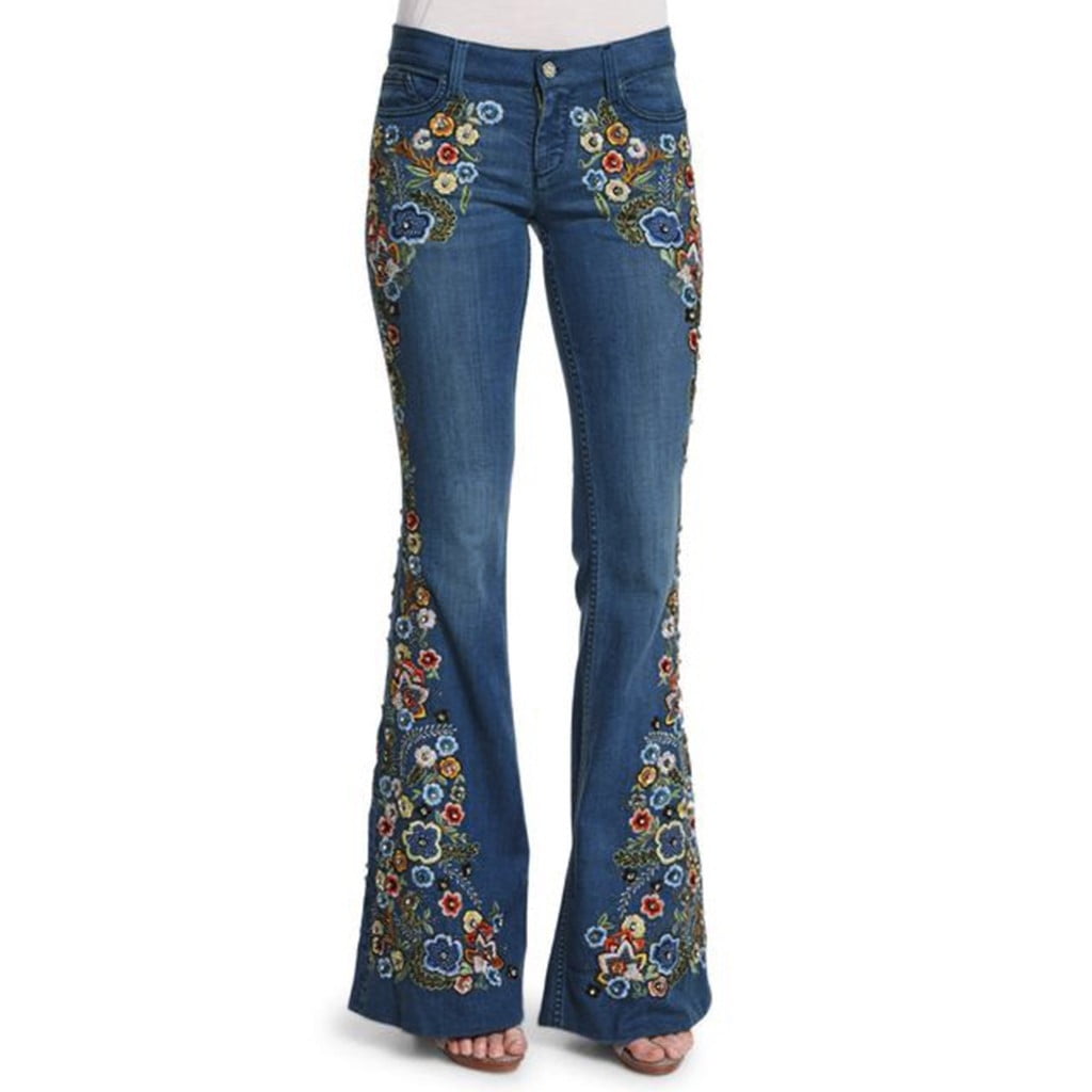 APEXFWDT Womens Chic Floral Embroidered High-Rise Bell Bottom Flare ...