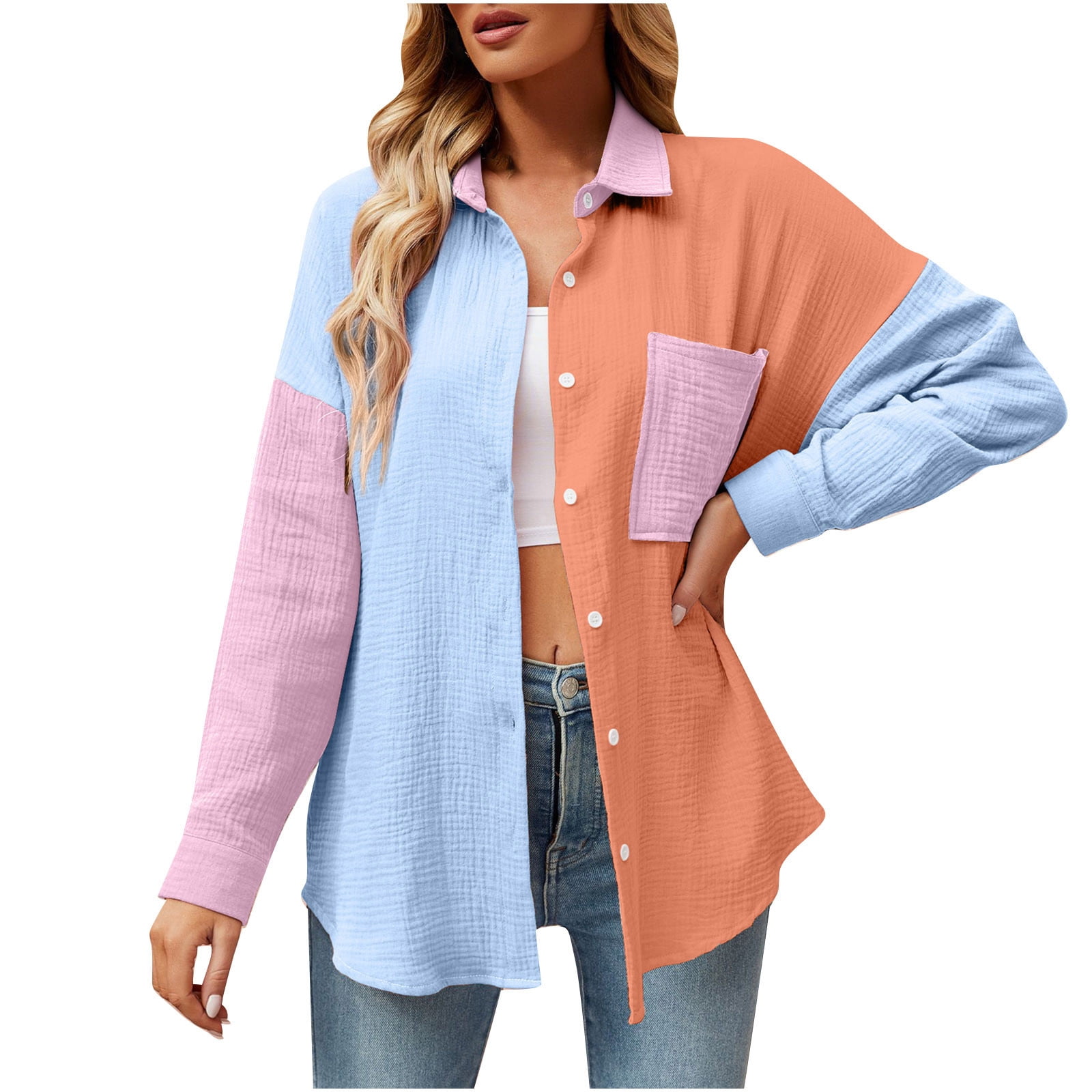 APEXFWDT Womens Color Block Button Down Shirts Long Sleeve Oversized ...