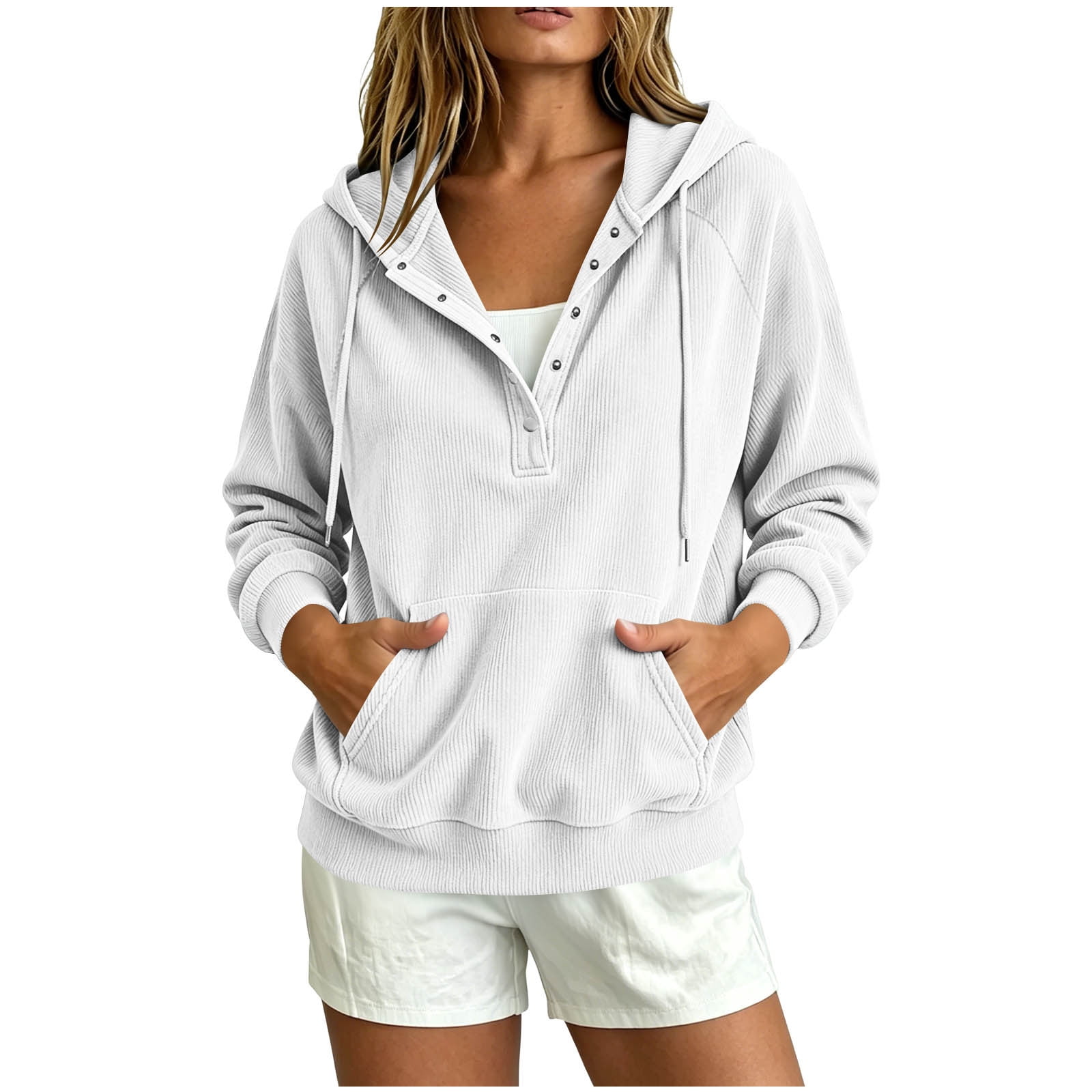 APEXFWDT Womens Corduroy Hoodie Henley Neck Drawstring Sweatshirt Long ...