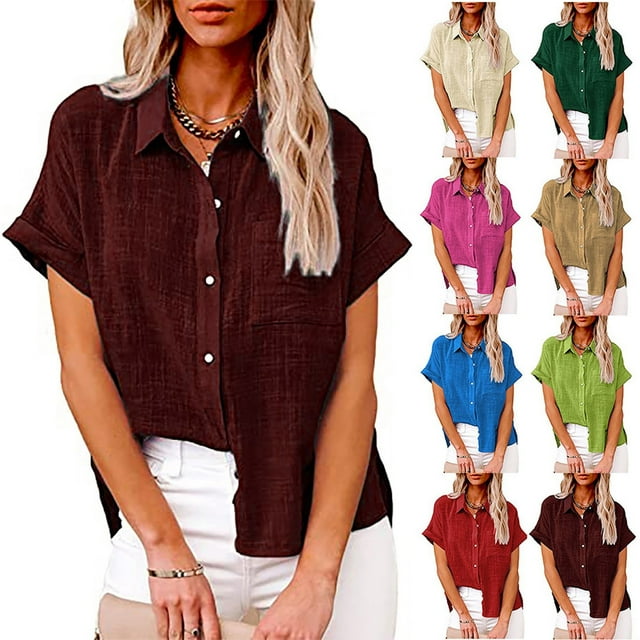 APEXFWDT Womens Cotton Linen Button Down Shirt Plus Size Casual Short Sleeve Loose Fit Collared ...