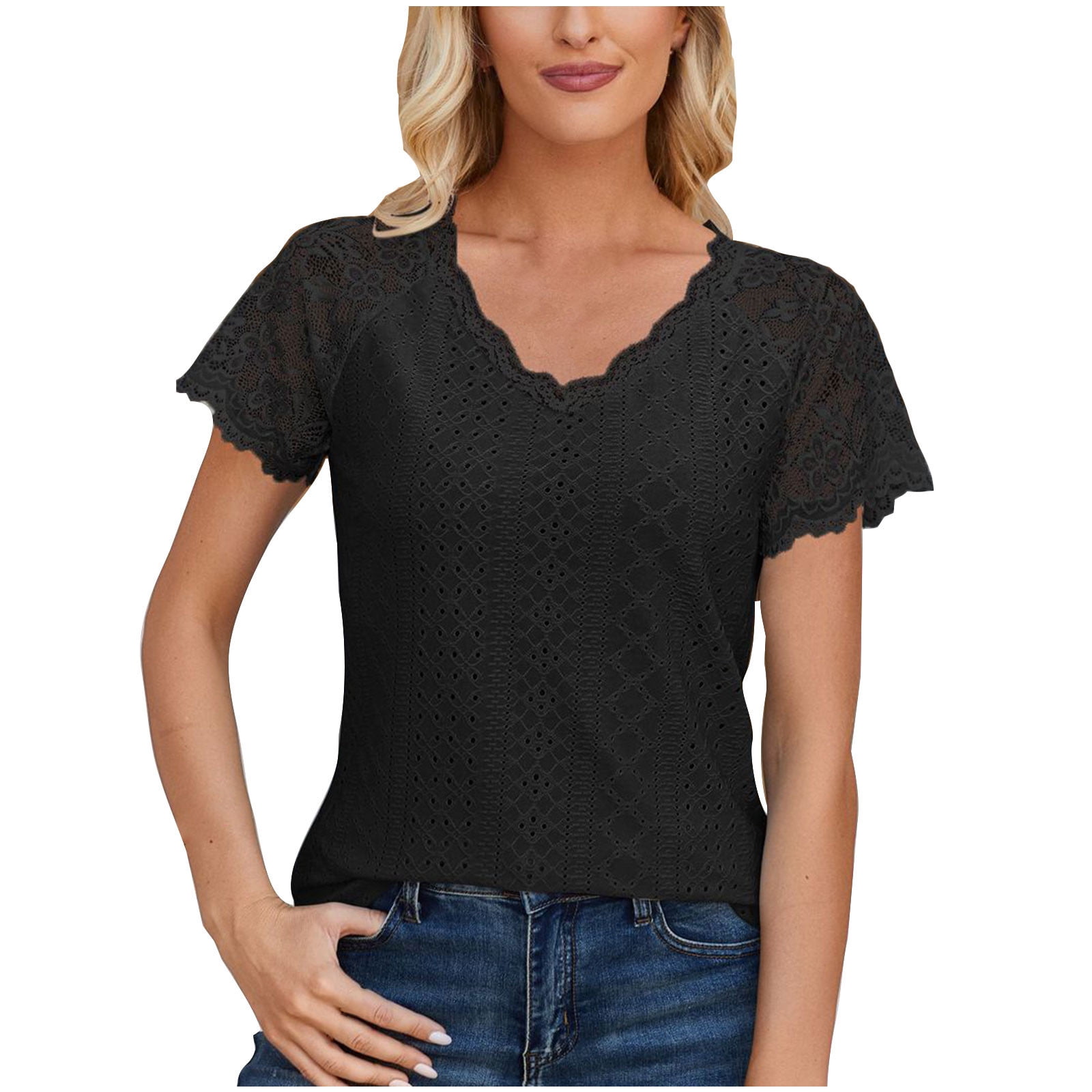 Apexfwdt Womens Dressy Tops Casual V Neck Short Sleeve Lace Splice T