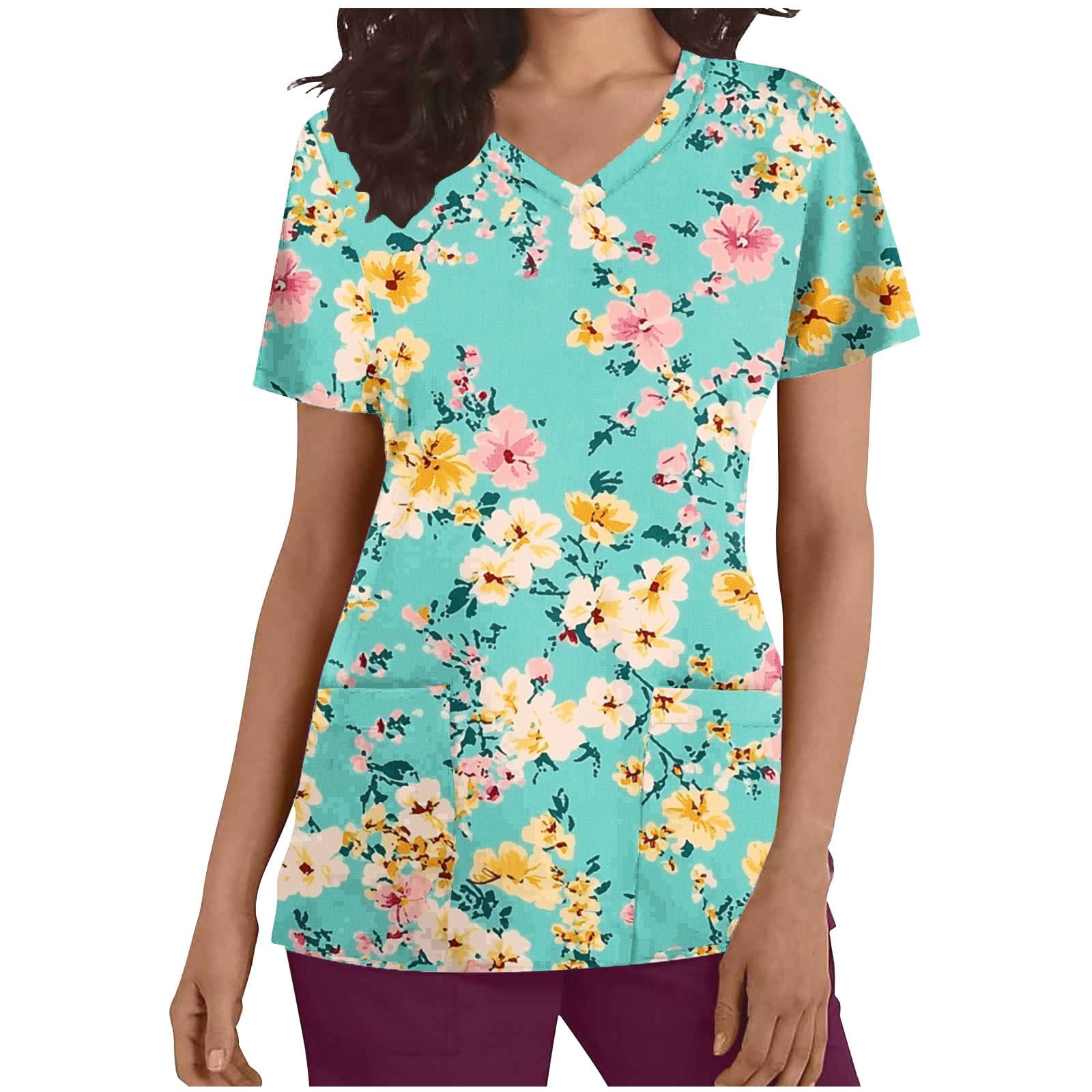APEXFWDT Summer Clearance Womens Flower Printed Nurse Uniforms Scrub ...