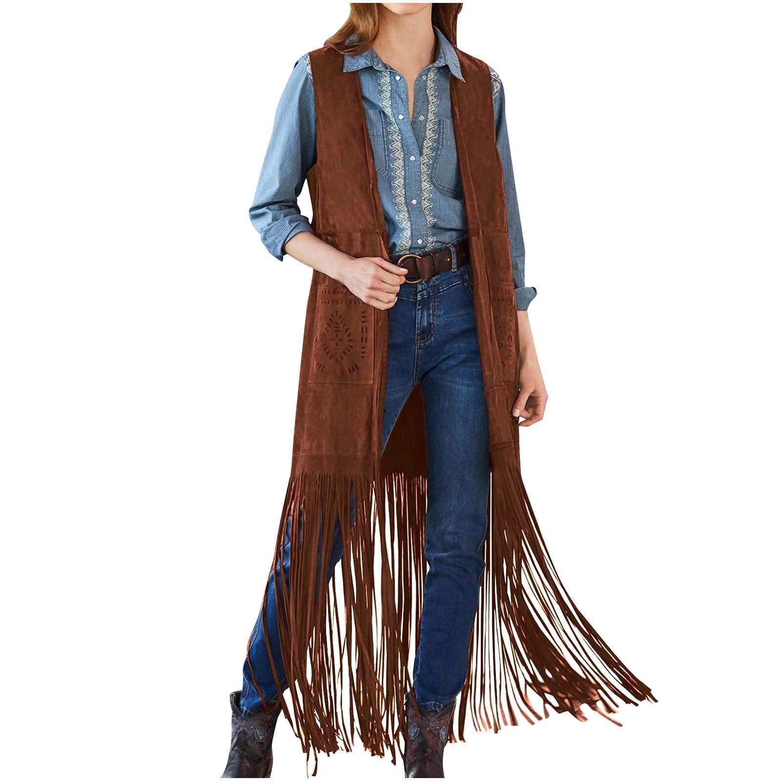 APEXFWDT Womens Fringe Long Vest 70s Hippie Outfits Sleeveless Cowgirl Western Tassel Jacket ...