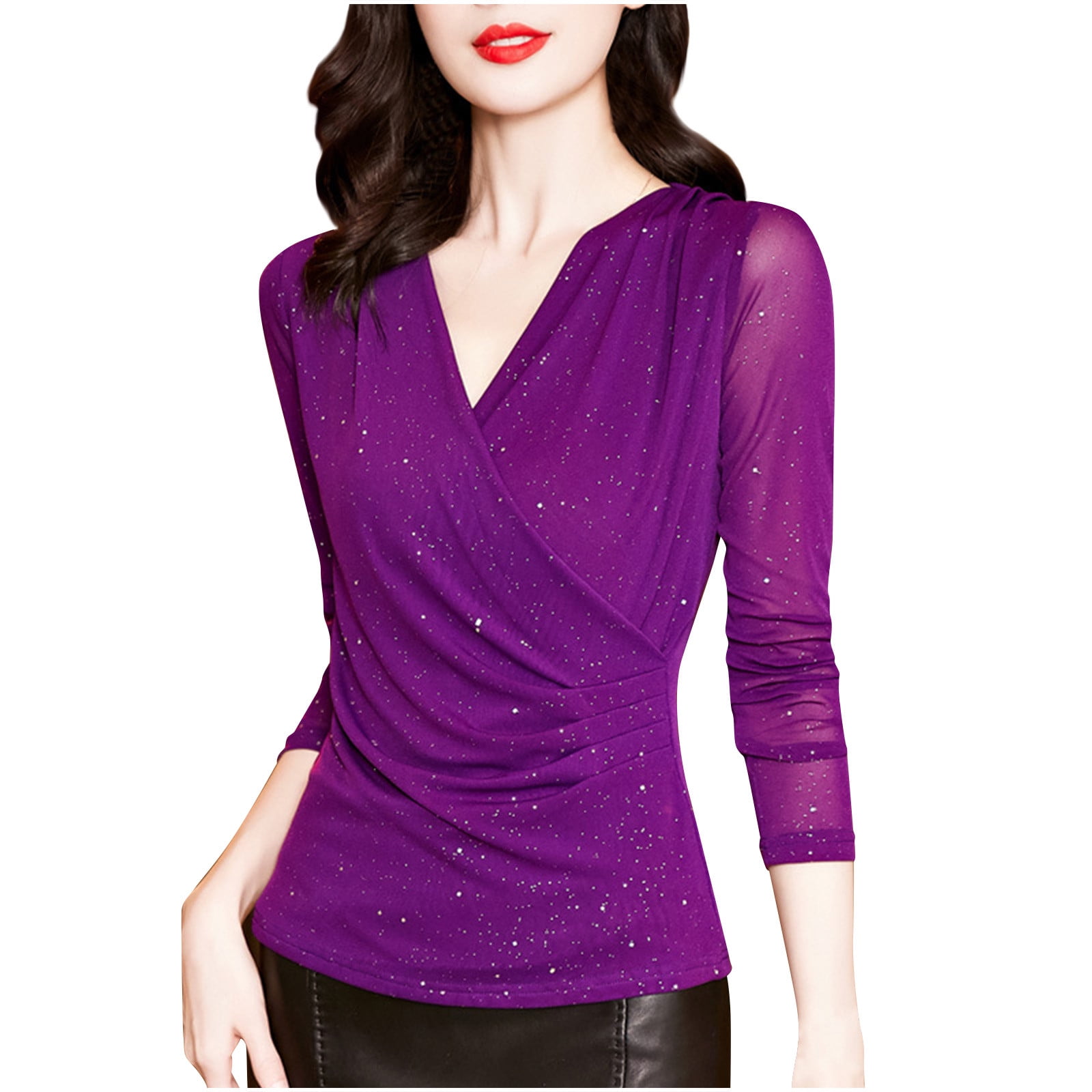 Apexfwdt Womens Mesh Long Sleeve Tops V Neck Cross Wrap Sexy Tops Shirt Casual Sheer Mesh Sequin